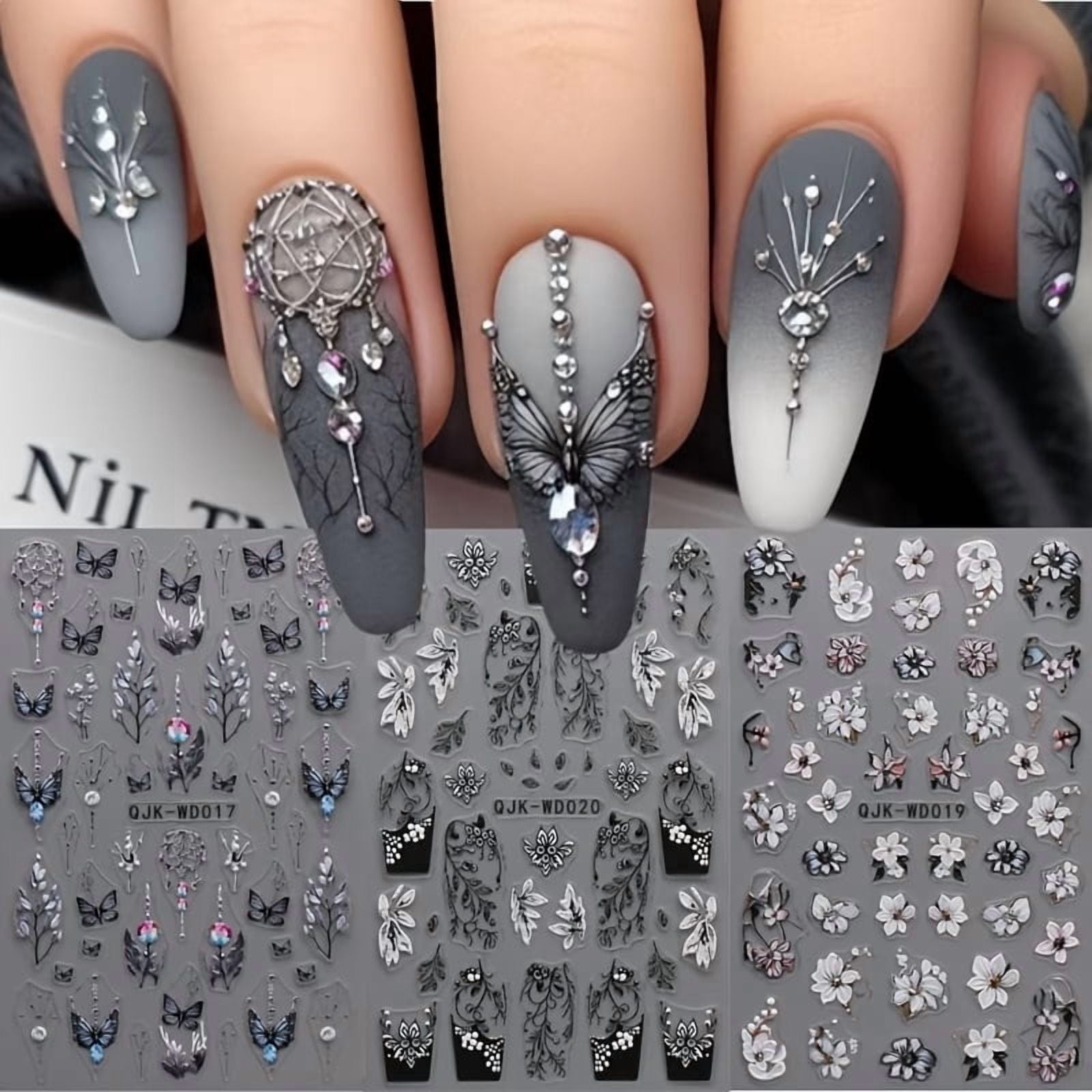 3 Pieces 5D Embossed Vintage Flower Butterfly Nail Art Stickers - Self ...