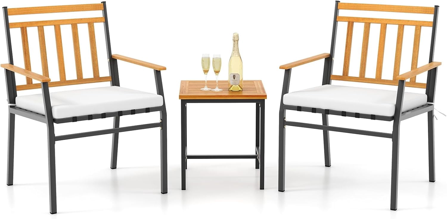3 Pieces Acacia Wood Bistro Set, Patio Conversation Set with Cushions ...