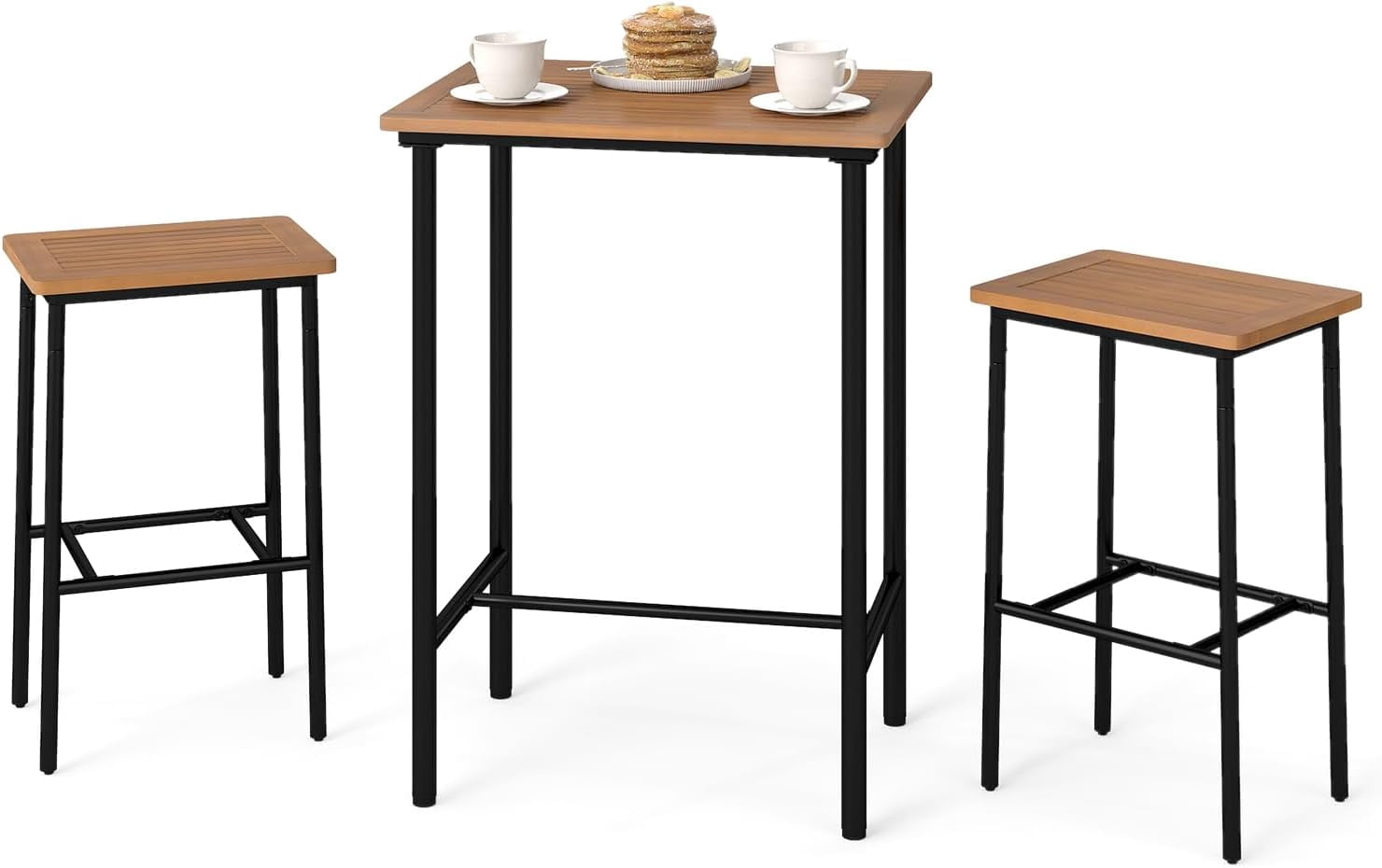 3 Pieces Acacia Wood Patio Bar Set, Space Saving Outdoor Bar Height ...