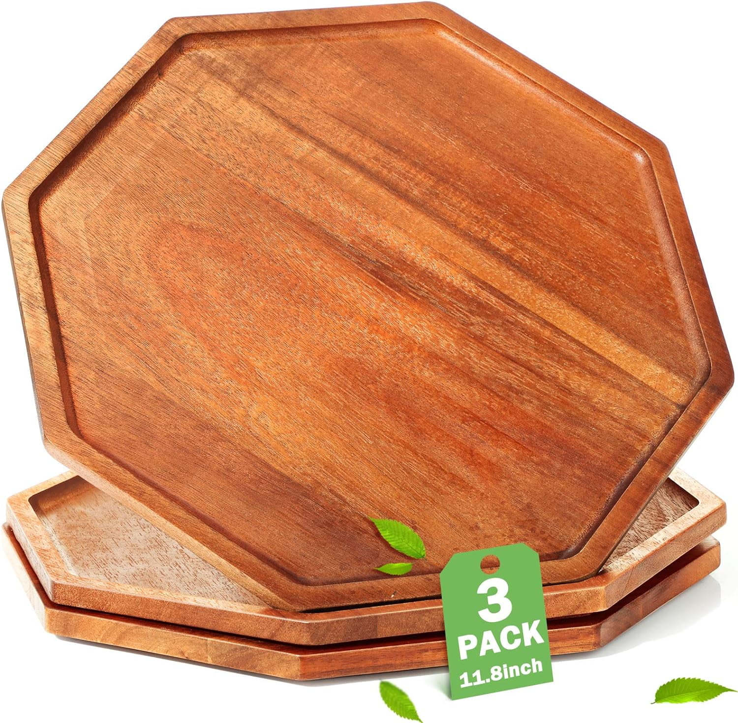 3 Pieces Acacia Wood Serving Tray Wooden Octagon Bread Fruit Platter ...