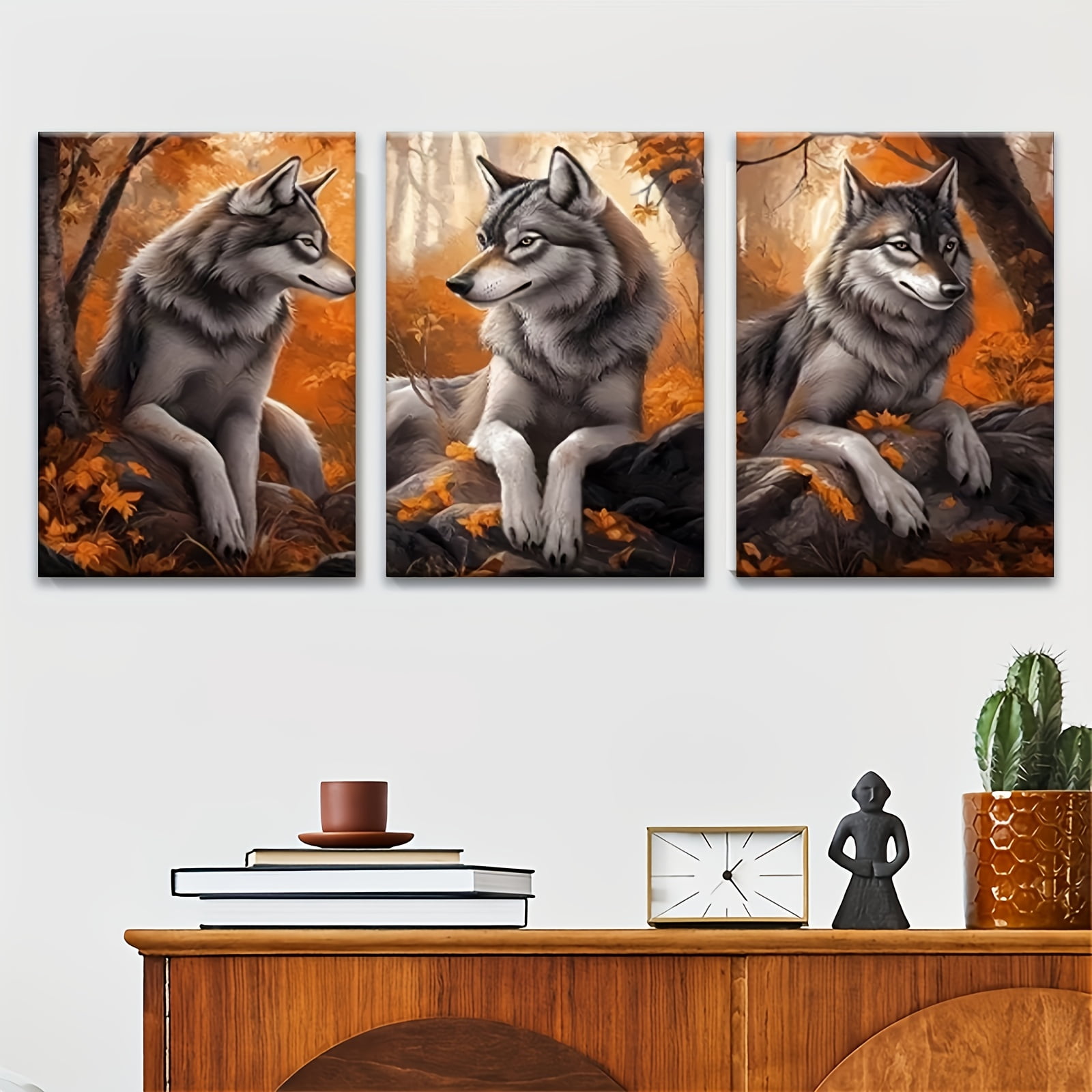 3 Pieces Autumn Wolf Wall Art - Modern Oil Painting Print, Artistic ...