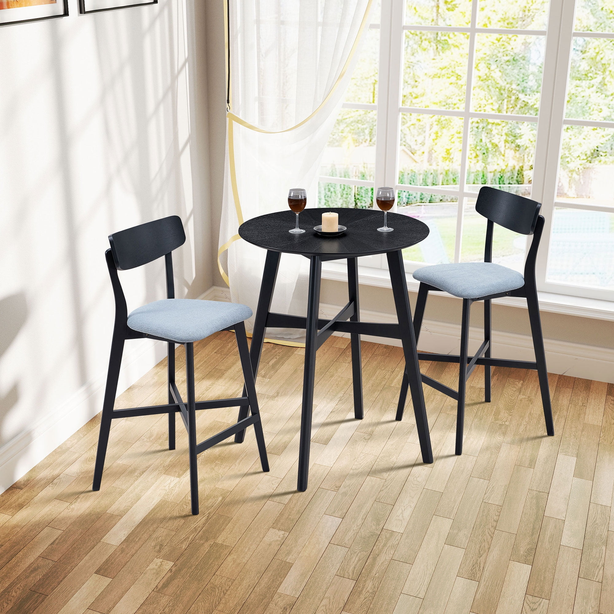 3 Pieces Bar Table Set,Modern Round Counter Height Pub Table, Wooden ...