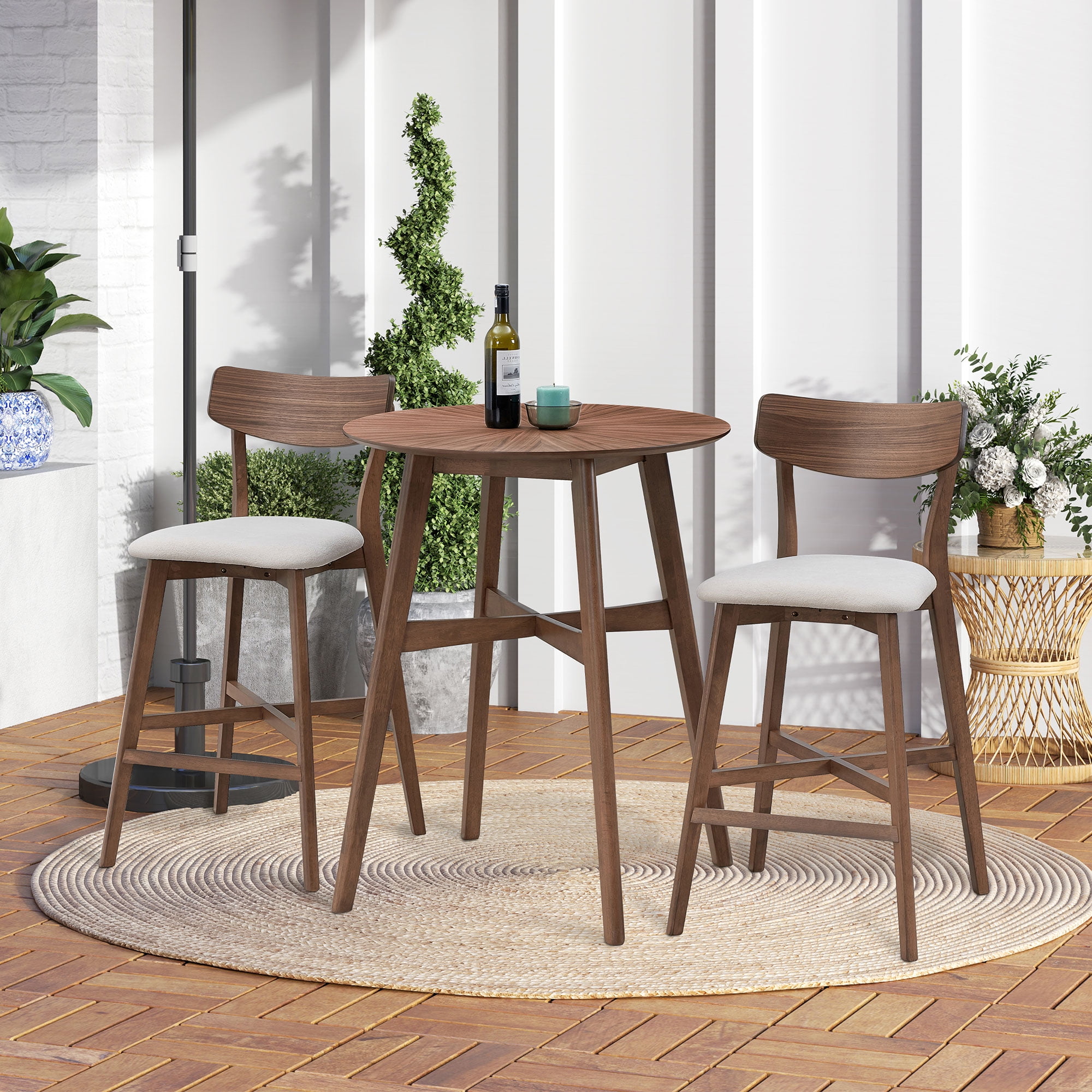 3 Pieces Bar Table Set,Modern Round Counter Height Pub Table, Wooden ...