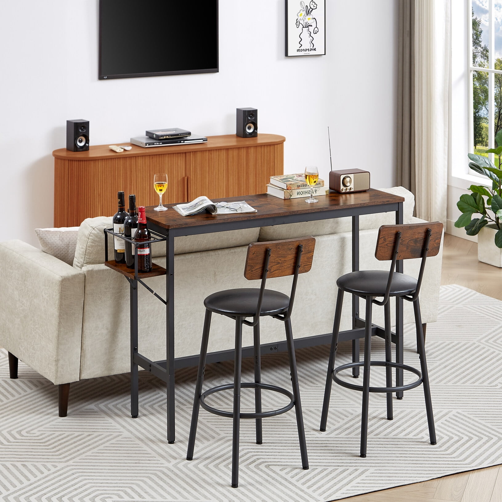 3 Pieces Bar Table and Stools Set, Dining Bar Table & Chair Sets with Wine Bottle Storage Rack ...