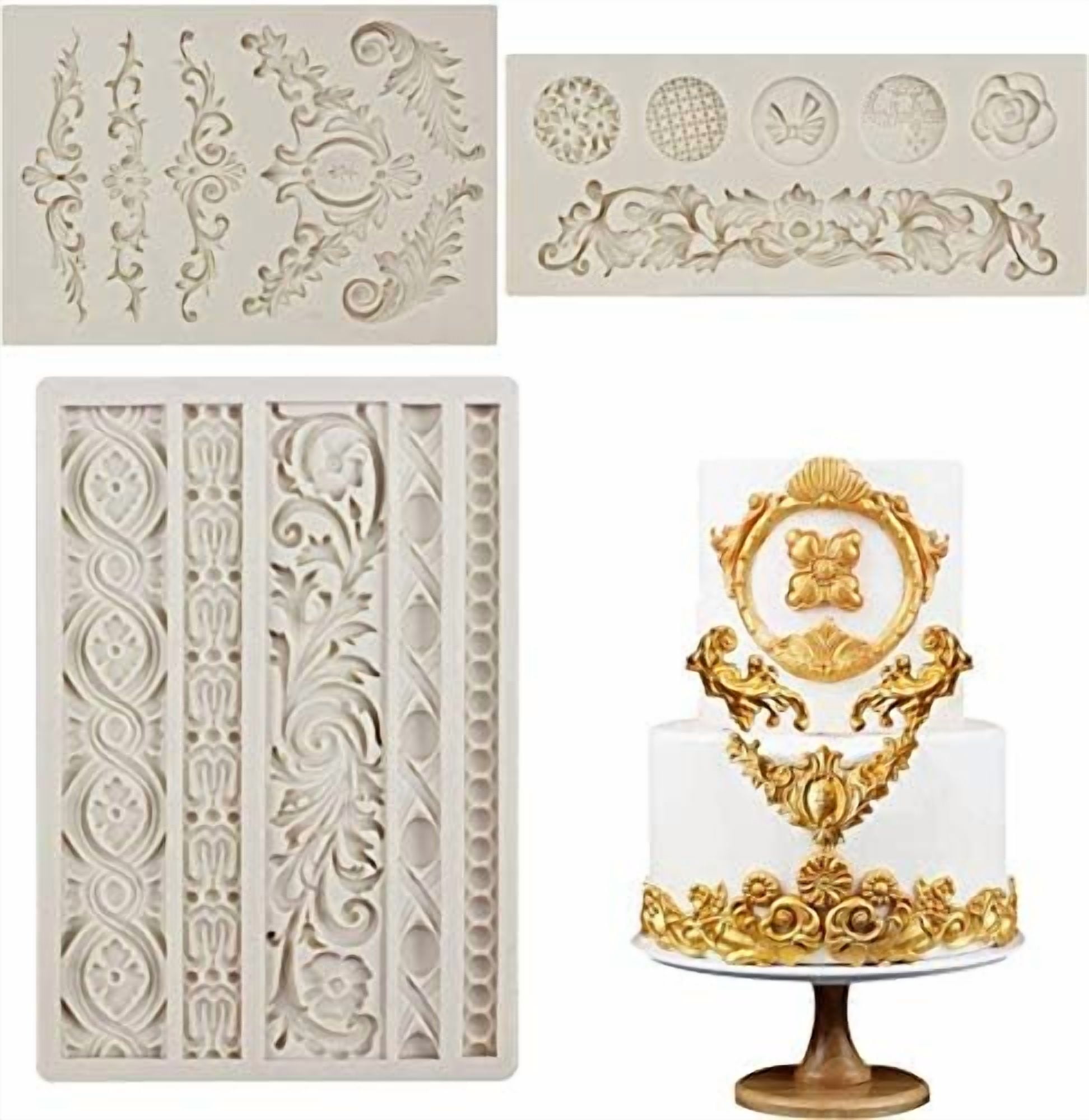 3 Pieces Baroque Fondant Molds Scroll Border Lace Silicone Molds ...