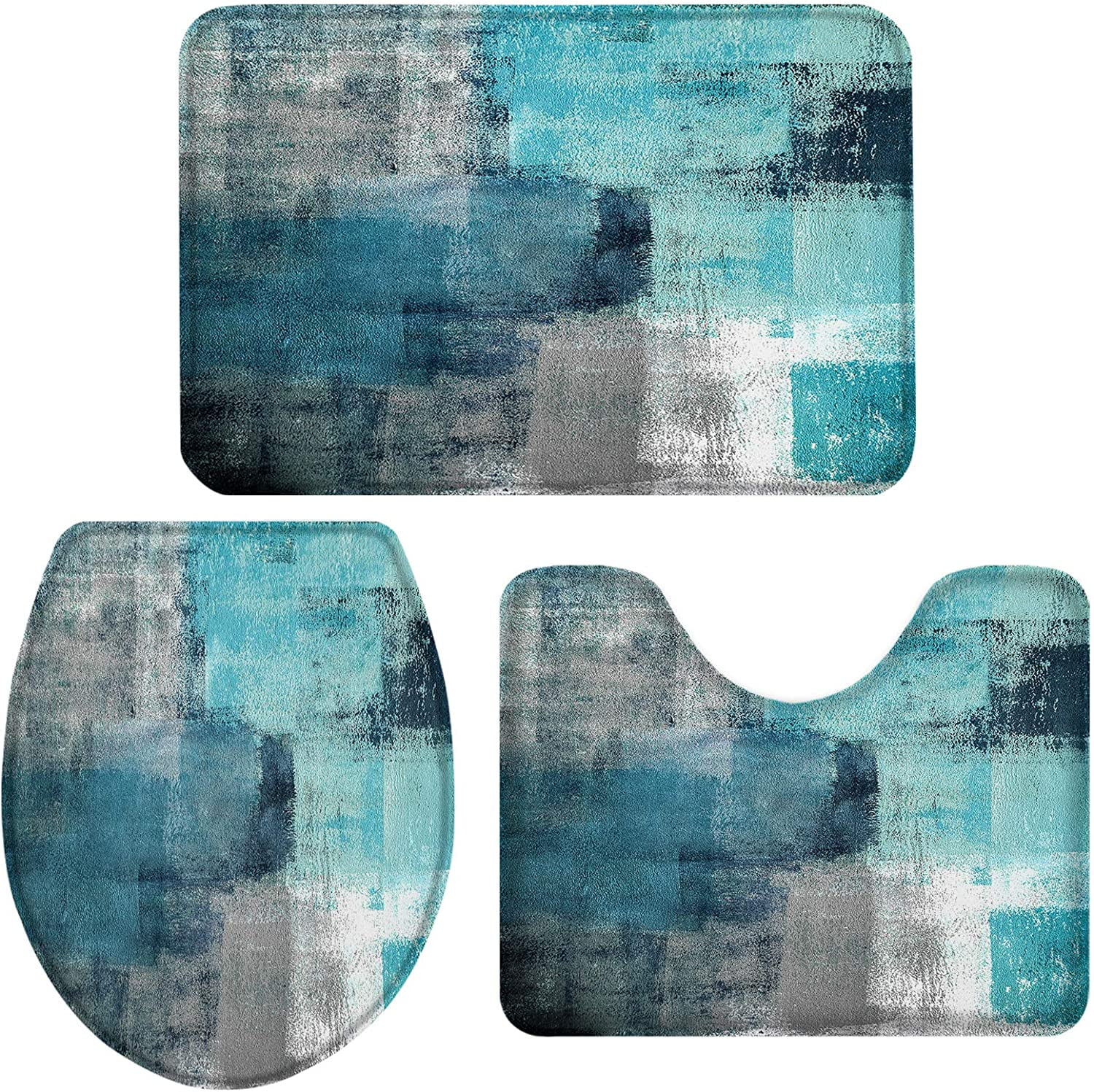 3 Pieces Bath Rug Set Toilet Seat Cover Turquoise and Grey Abstract Art ...
