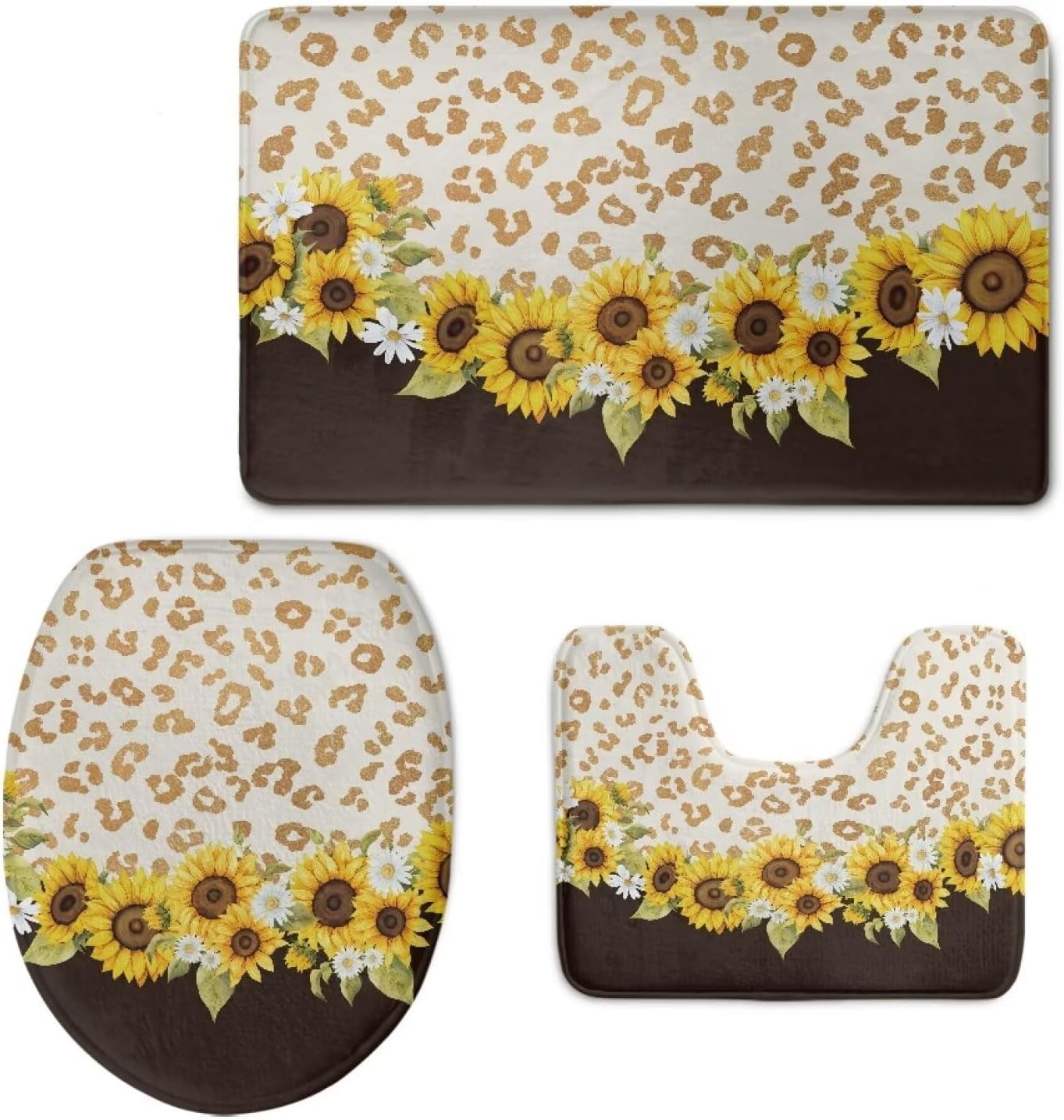 3 Pieces Bathroom Rugs Set - Sunflower Leopard Print Non Slip Soft ...