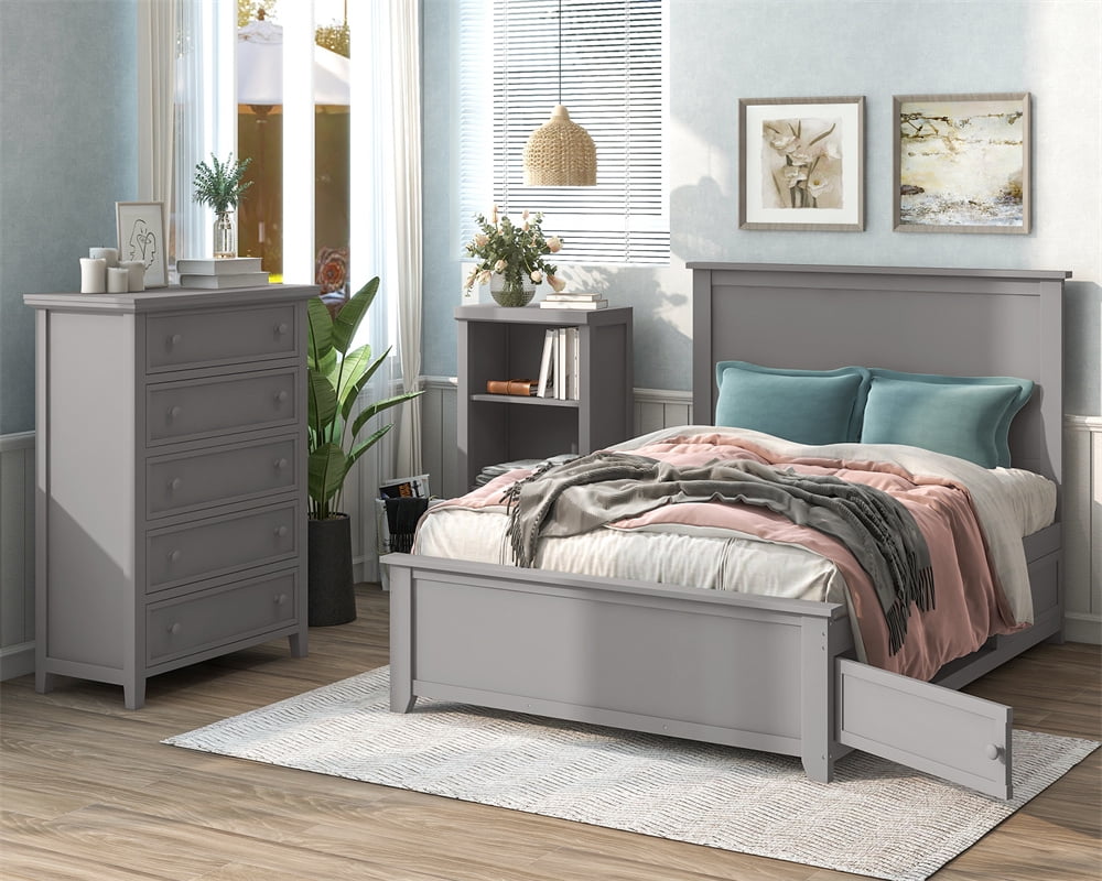 3 Pieces Bedroom Furniture Sets, Solid Wood Bedroom Set with Full Size ...
