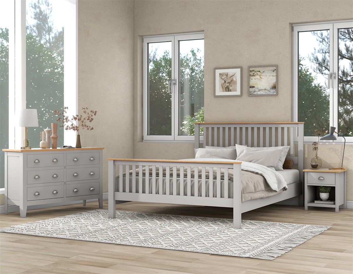 Full Size 3-Piece Bedroom Set - Wood Bed Frame, Nightstand, 6-Drawer ...