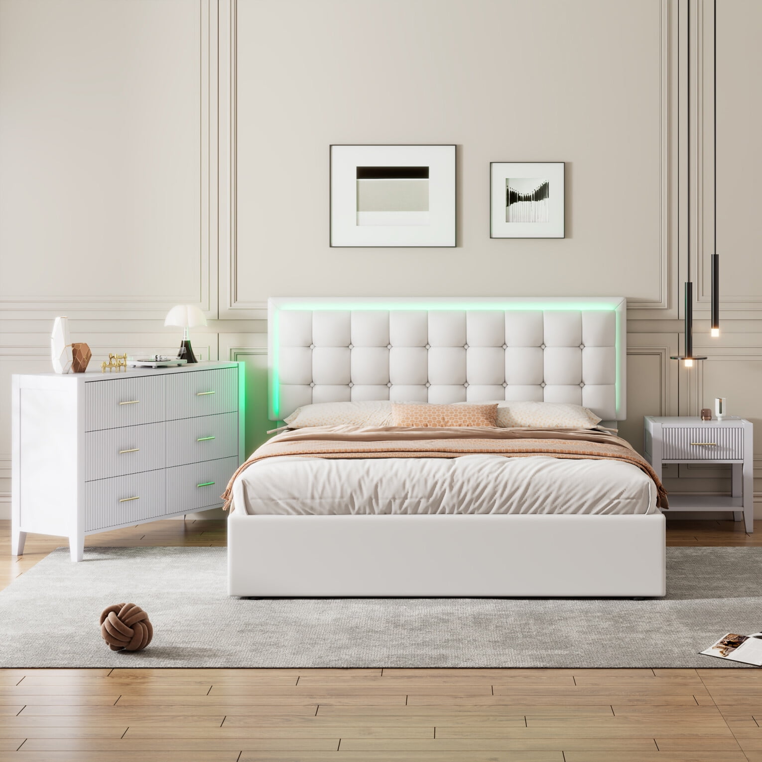 Queen Size PU Platform Bed Set with Nightstand, Dresser, LED Light ...
