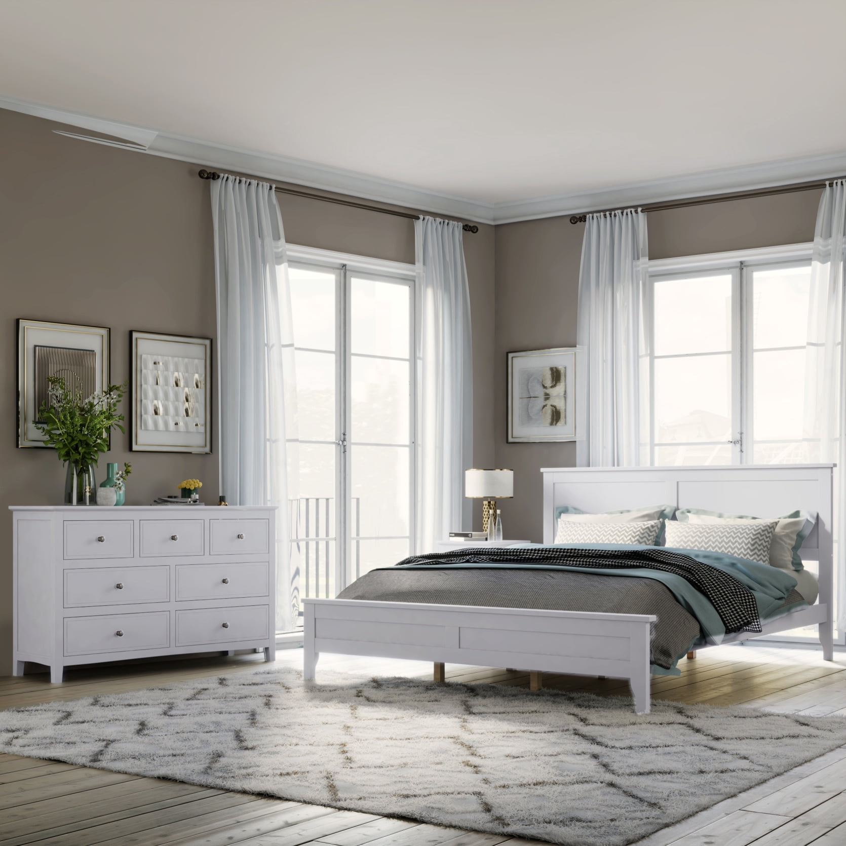 3 Pieces Bedroom Sets, Queen Size Platform Bed Frame with Wooden ...