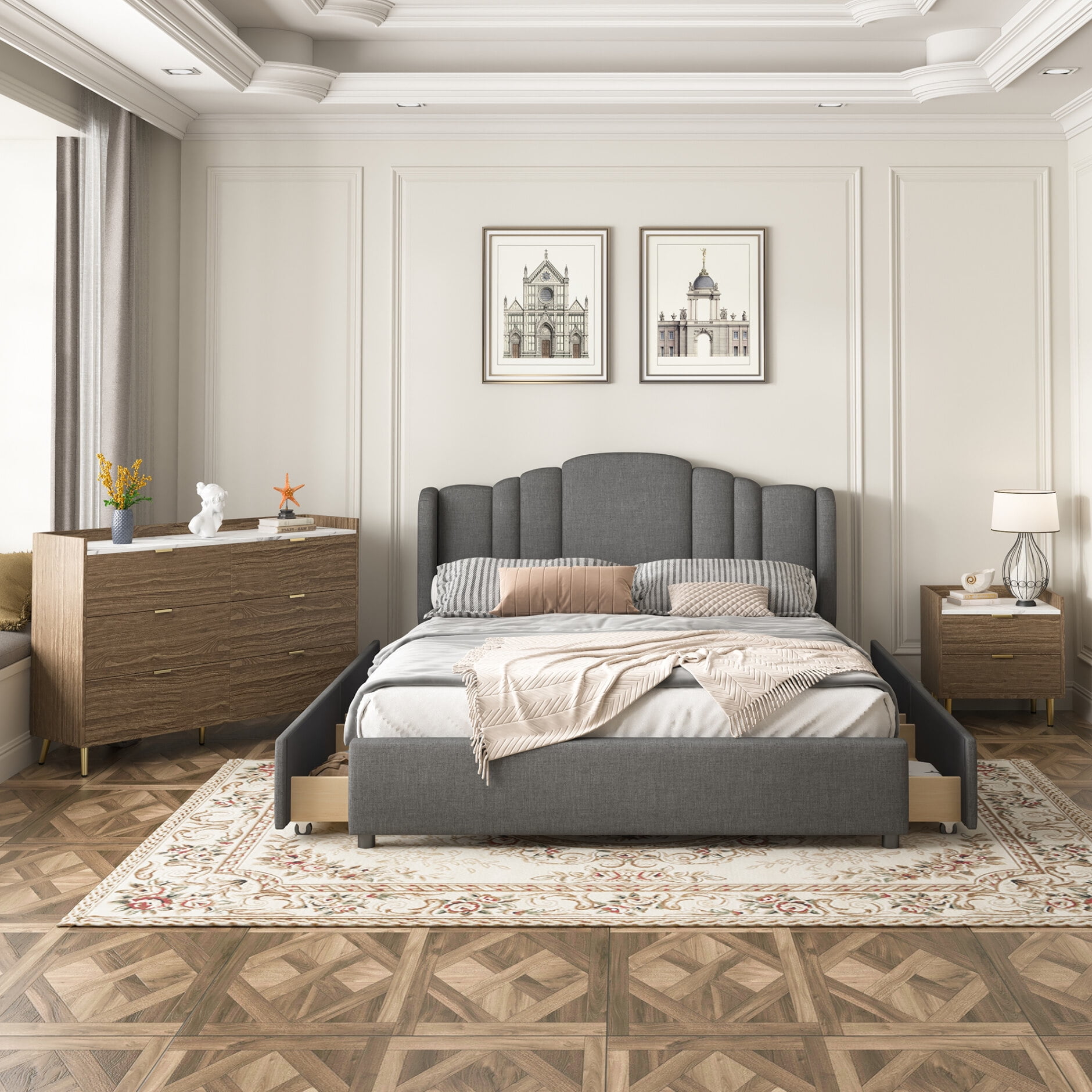 3-Pieces Bedroom Sets Queen Size Upholstered Platform Bed with 4 ...