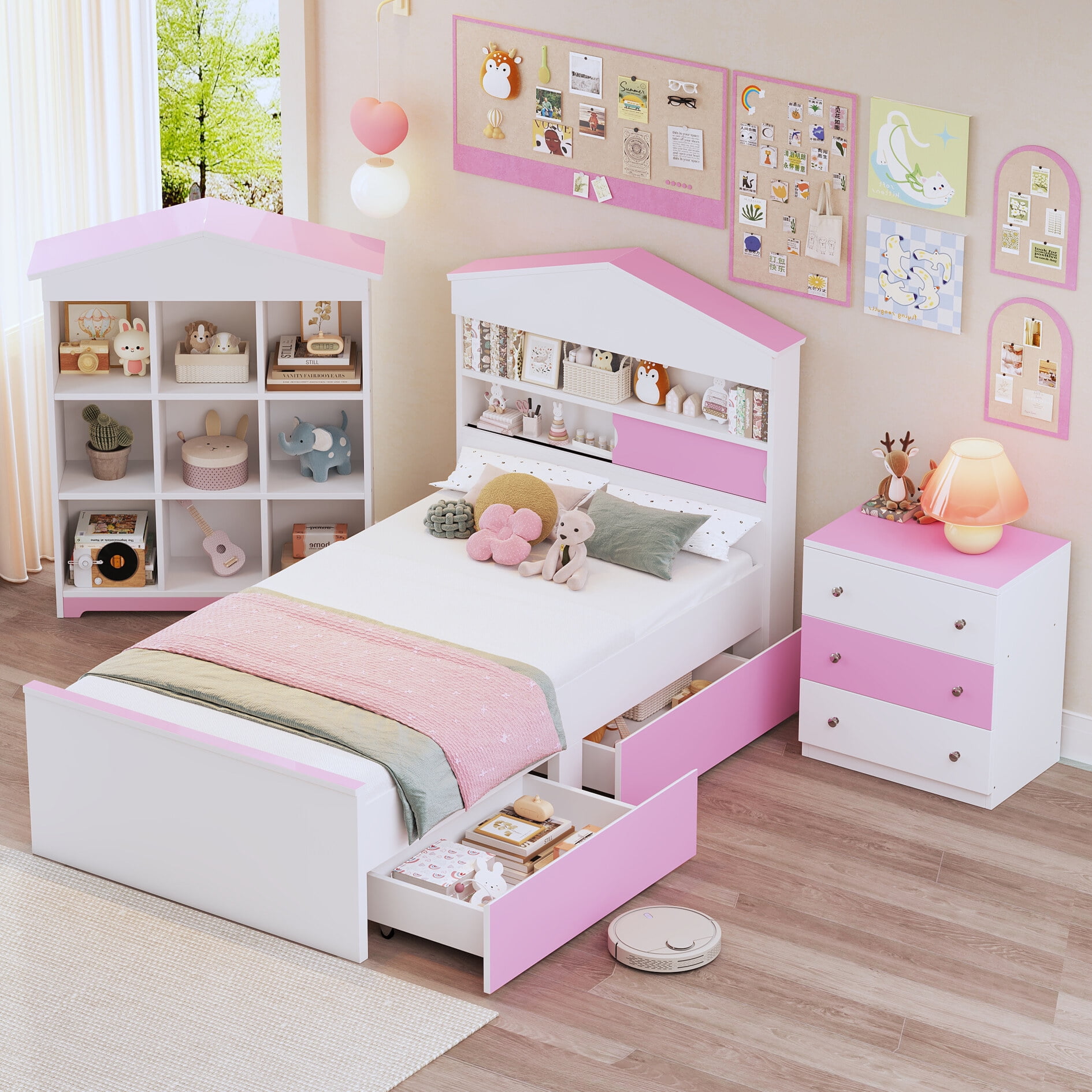 3-Pieces Bedroom Sets, Twin Size House-Shaped Wooden Bed with Storage ...