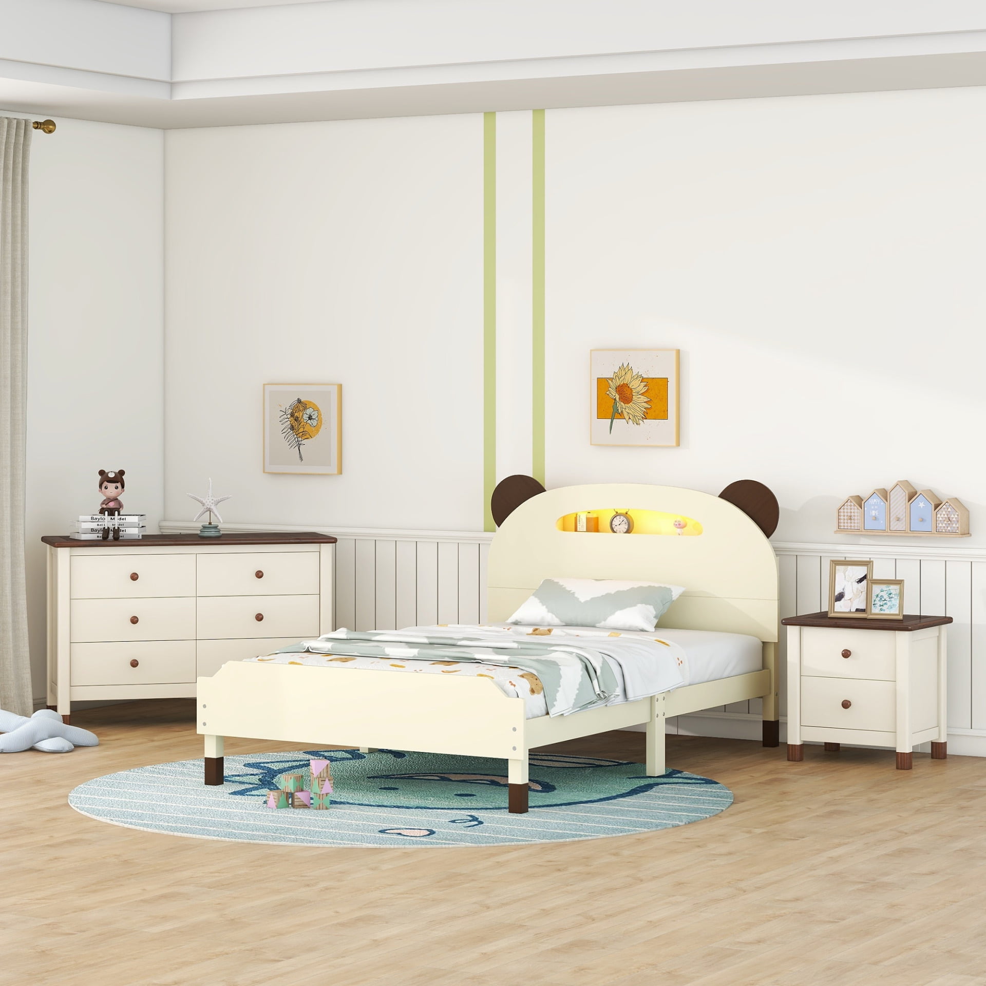 3 Pieces Bedroom Sets for Kids Teens Twin Size Bear Shape Platform Bed with Nightstand and Storage Dresser for Kids Bedroom Cream