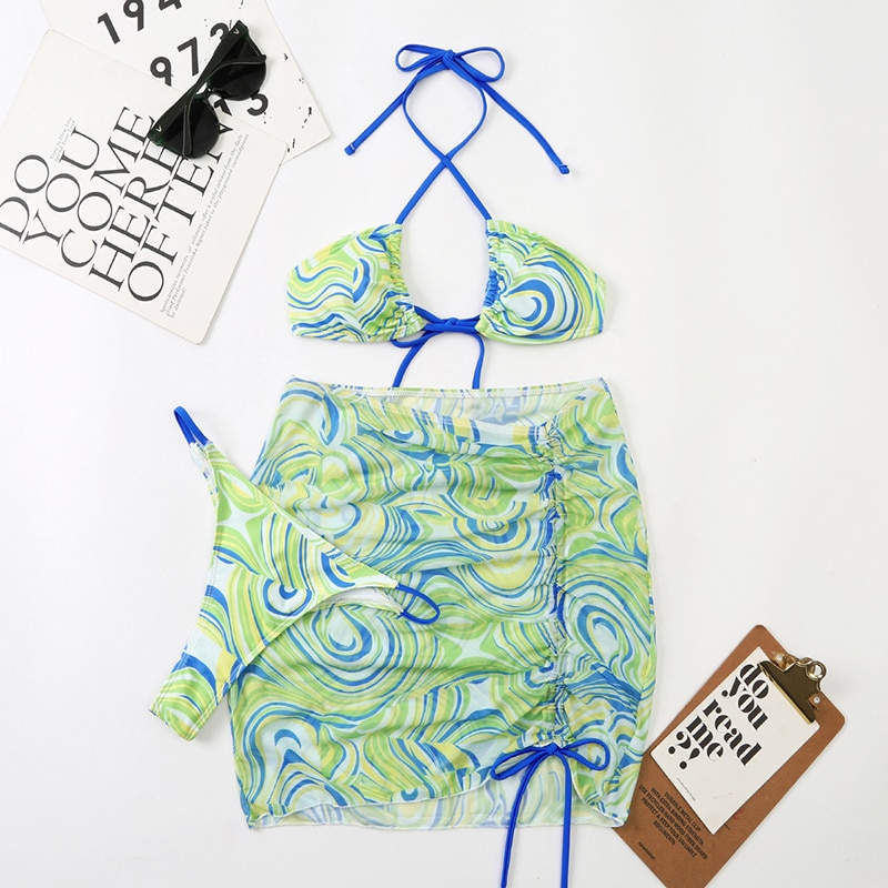 3 Pieces Bikini Set With Skirt Tie Dye String Thong Bathing Suit Women ...