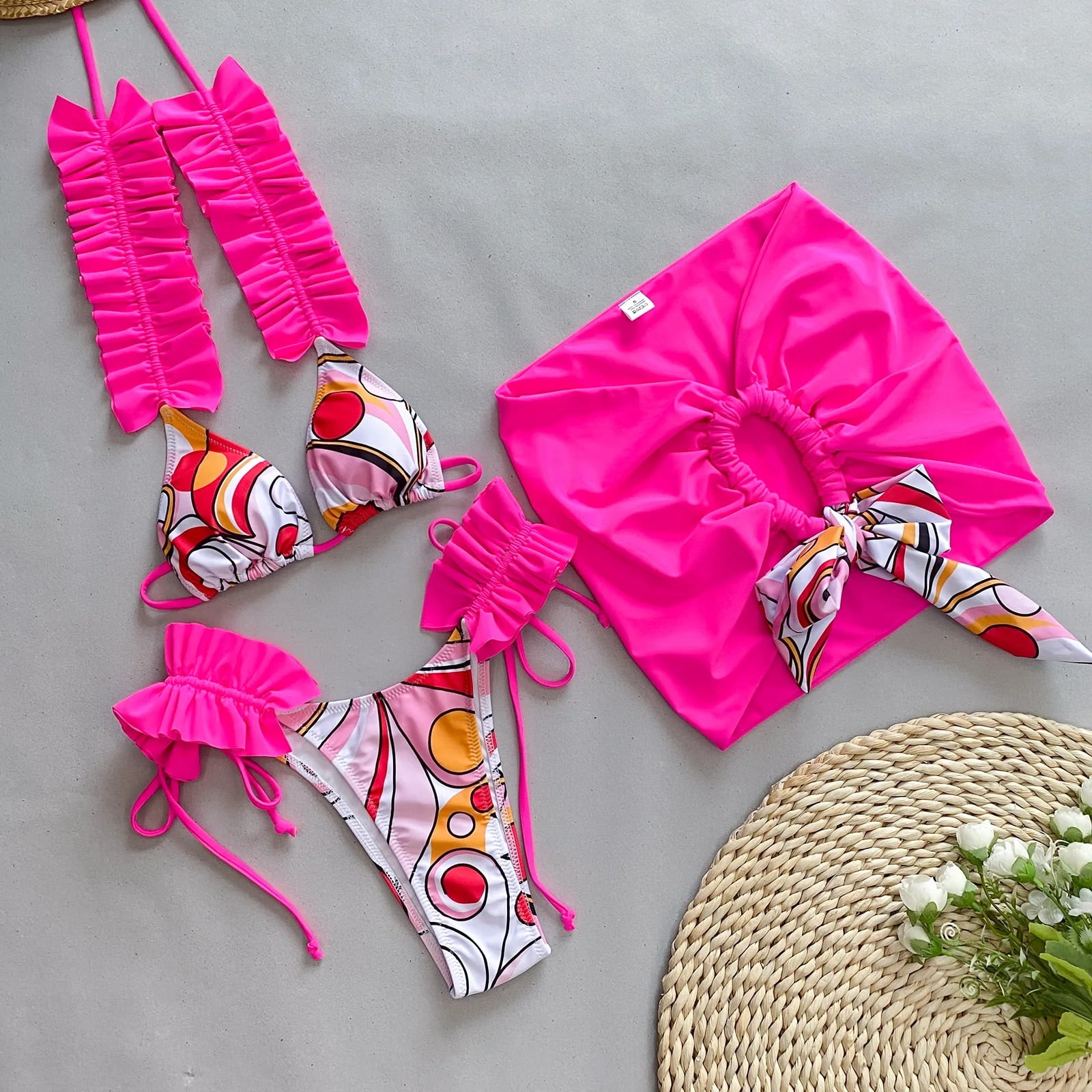 3 Pieces Bikinis 2024 Sexy Women Swimsuit Swimwear Female Ruffle Print