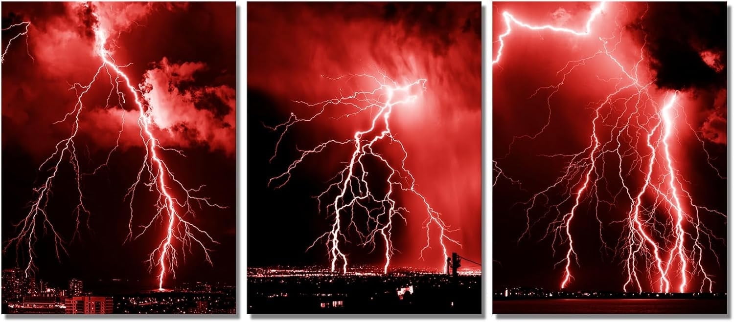3 Pieces Black and Red Wall Art Nature Lightning Strikes in The Clouds ...