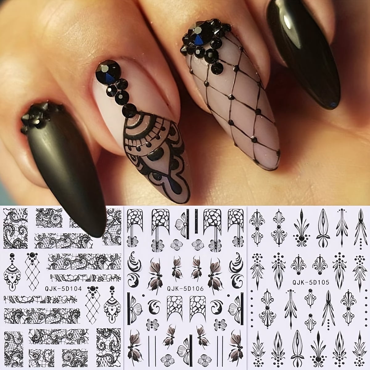 3 Pieces Black Vintage Lace Flower Embossed Nail Art Stickers - Self ...