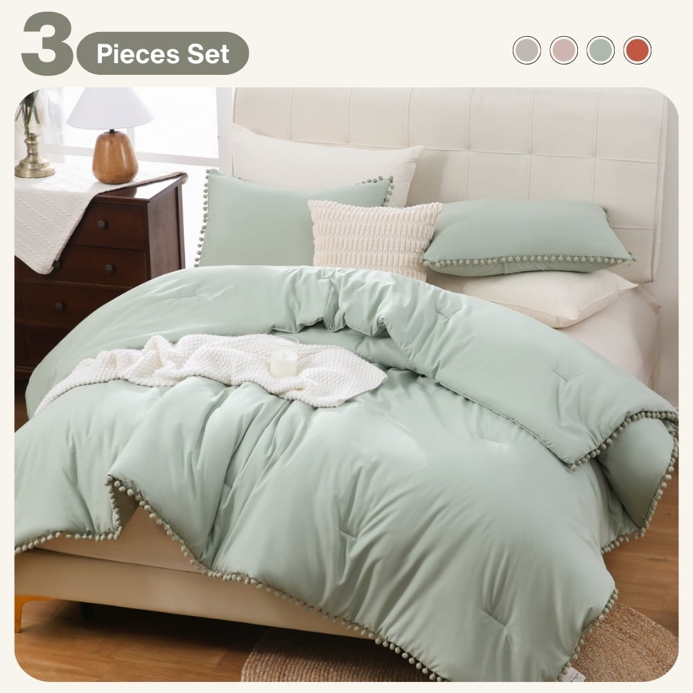 3 Pieces Boho Comforter Sets with Ball Pom Fringe, Soft Bedding Set for ...