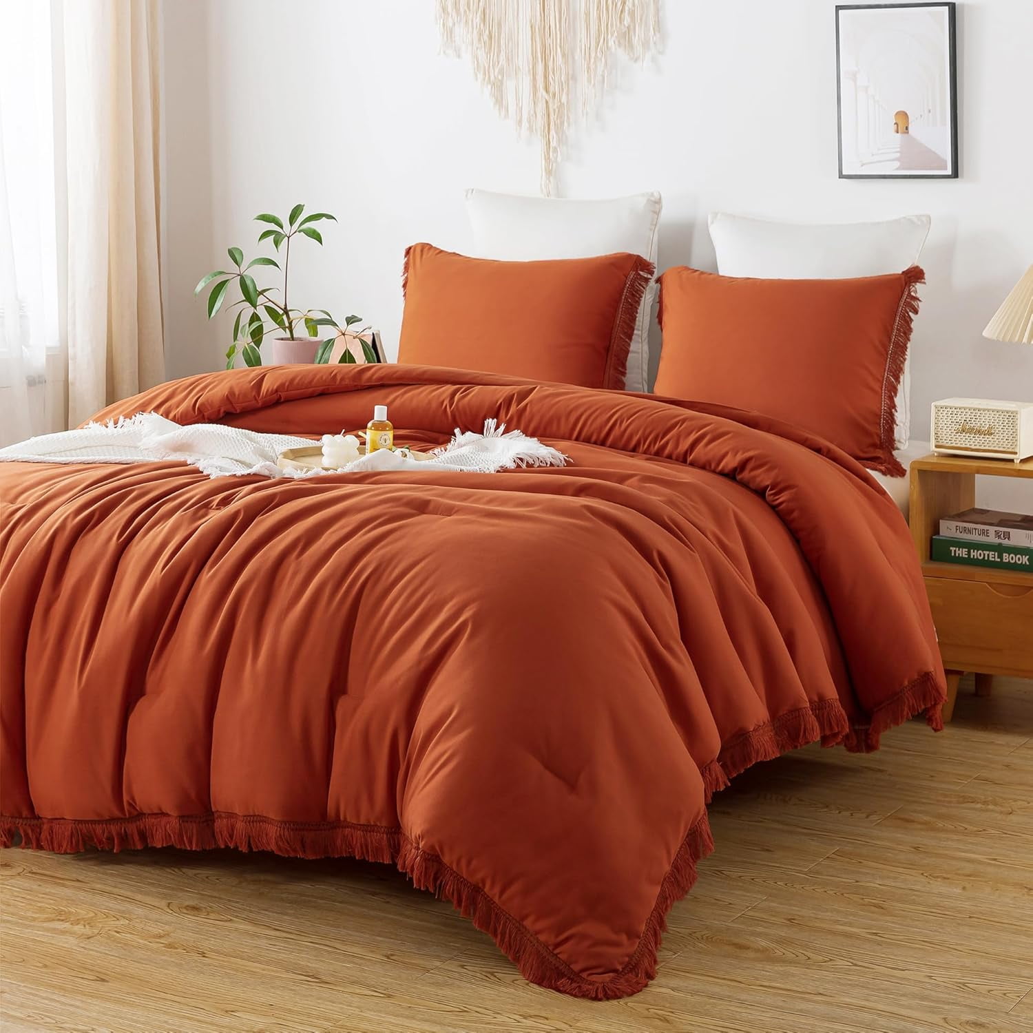 3 Pieces Boho Terracotta Soft Lightweight Bedding Comforter Sets, Rust Tassel All Season Bed Set ...