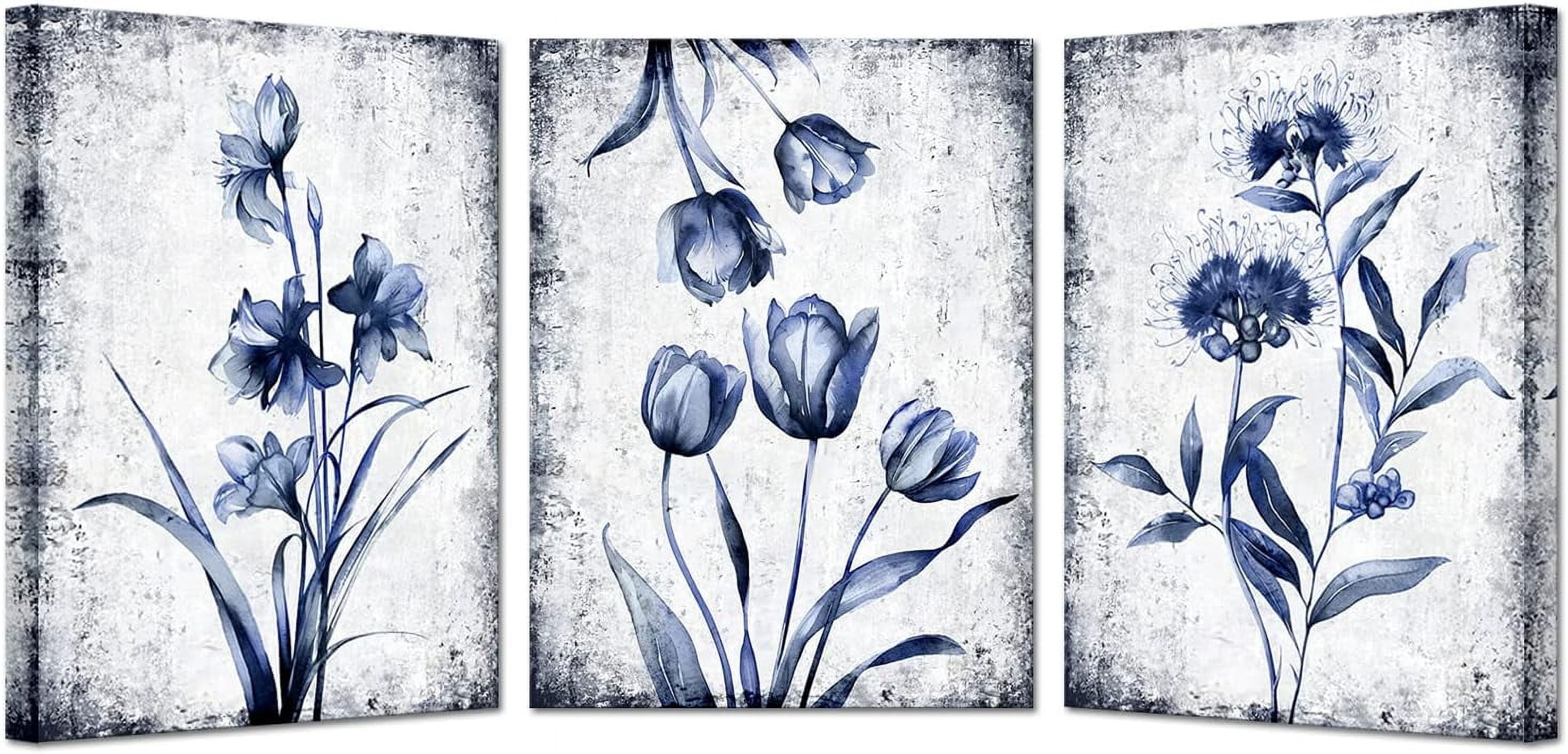 3 PCS Canvas Wall Art Navy Blue and Grey Flower Painting Art Prints ...