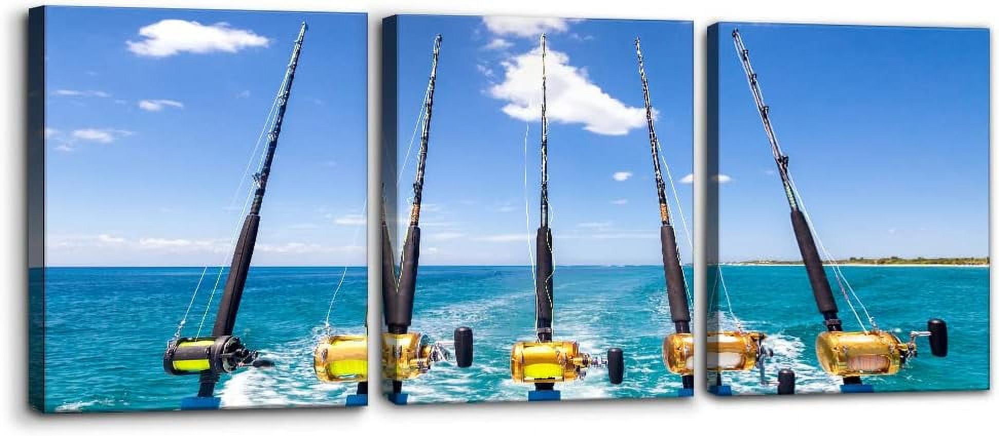3 Pieces Canvas Wall Art Row of Five Fishing Rod and Reel Pictures Blue ...
