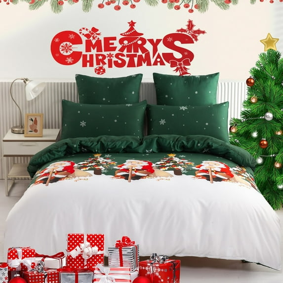 3 Pieces Christmas Duvet Cover Set Green Santa Claus Snowman Christmas ...
