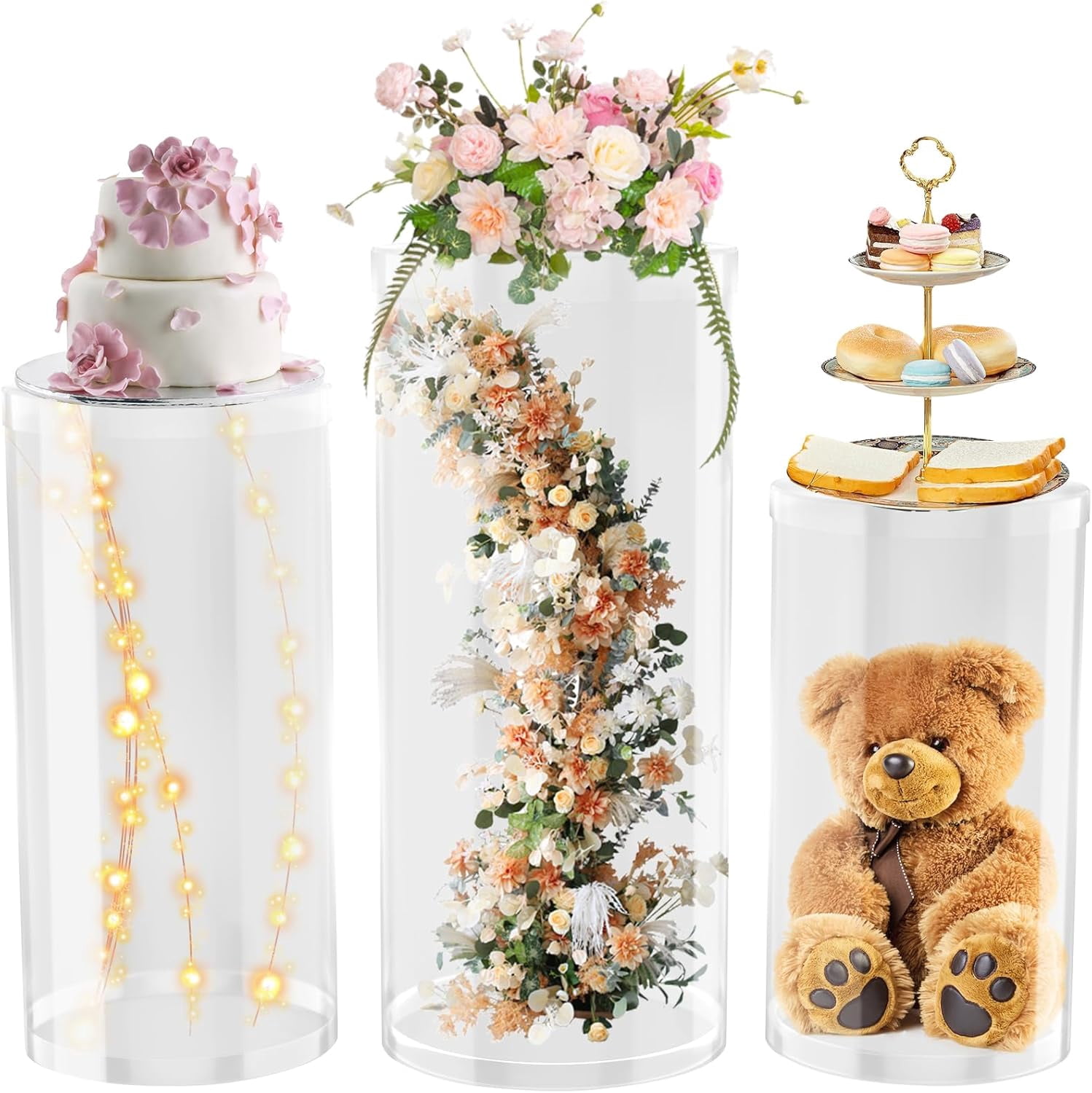 3-Pieces Clear Cylinder Pedestal Stands for Party Large White Cake ...
