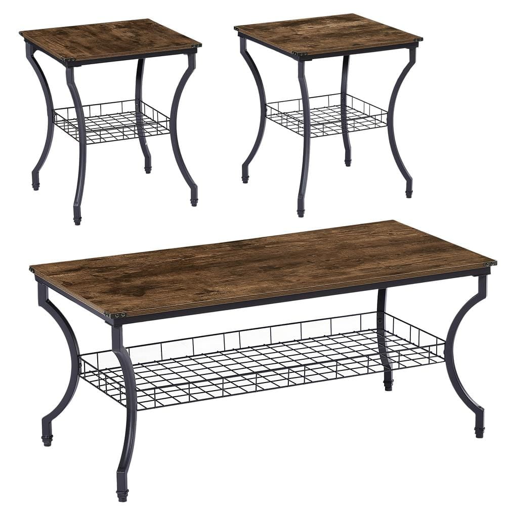 3 Pieces Coffee Table Set 34.9 in. Brown Rectangle Wood Coffee Table ...