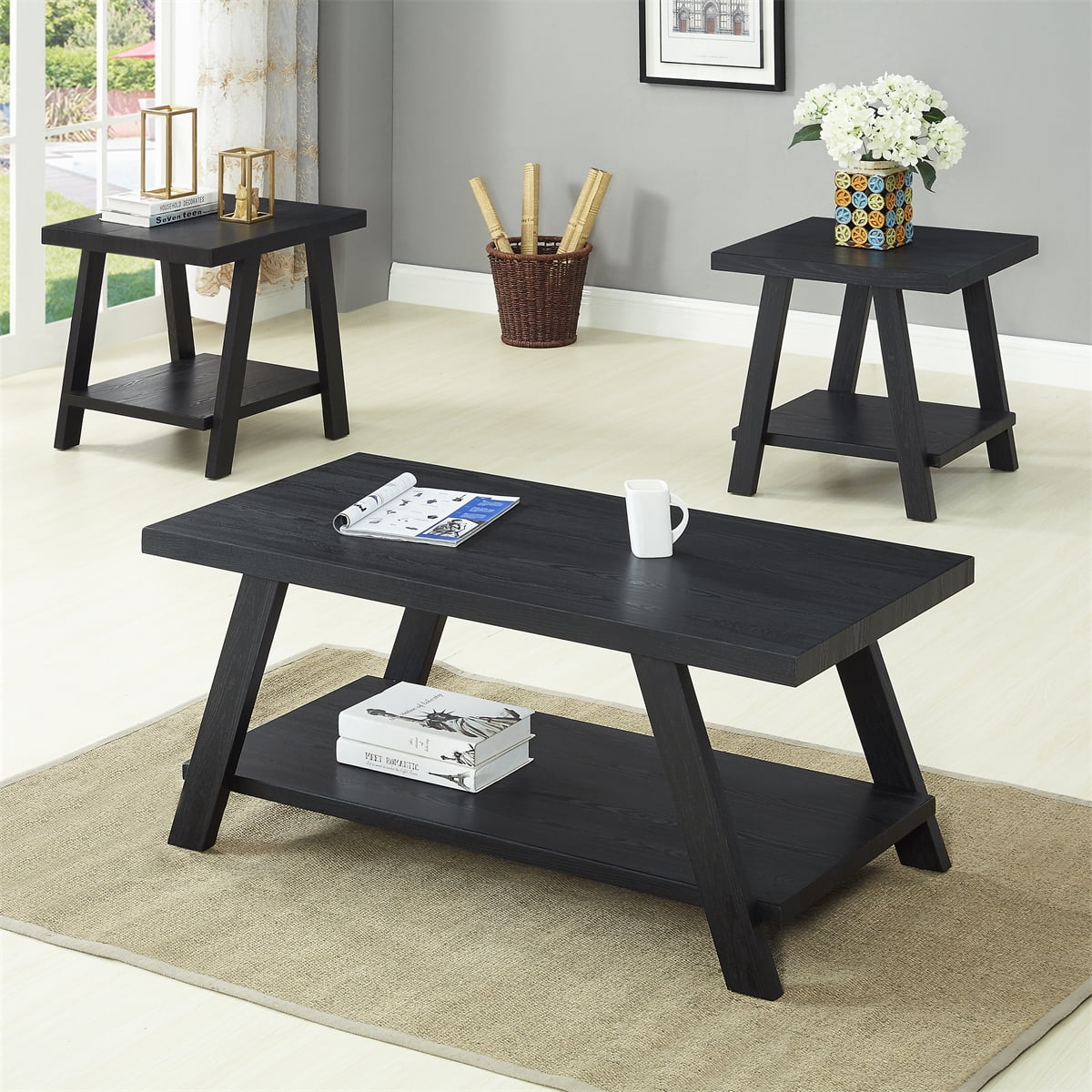 3 Pieces Coffee Table Set with Shelf, Contemporary Living Room Table ...