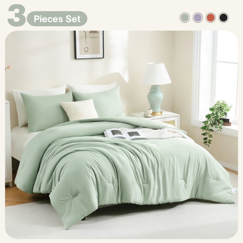 3 Pieces Comforter Set, Solid Breathable Quilted Style Bedding Sets ...