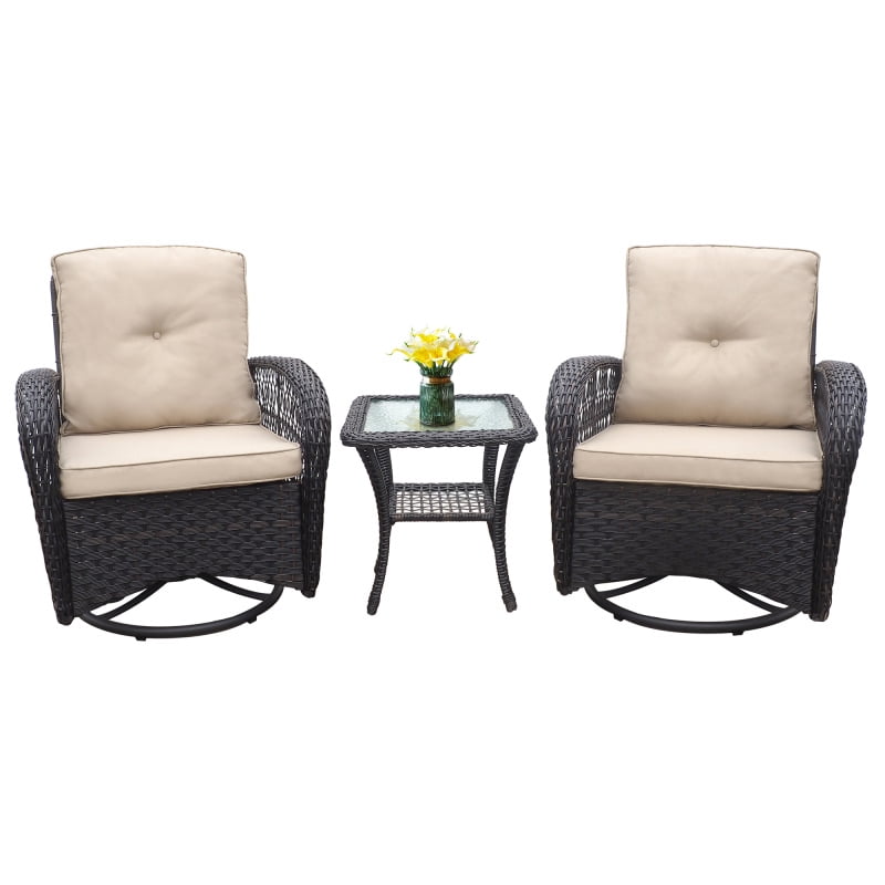3 Pieces Conversation Set, Outdoor Wicker Rocker Swivel Patio Bistro ...