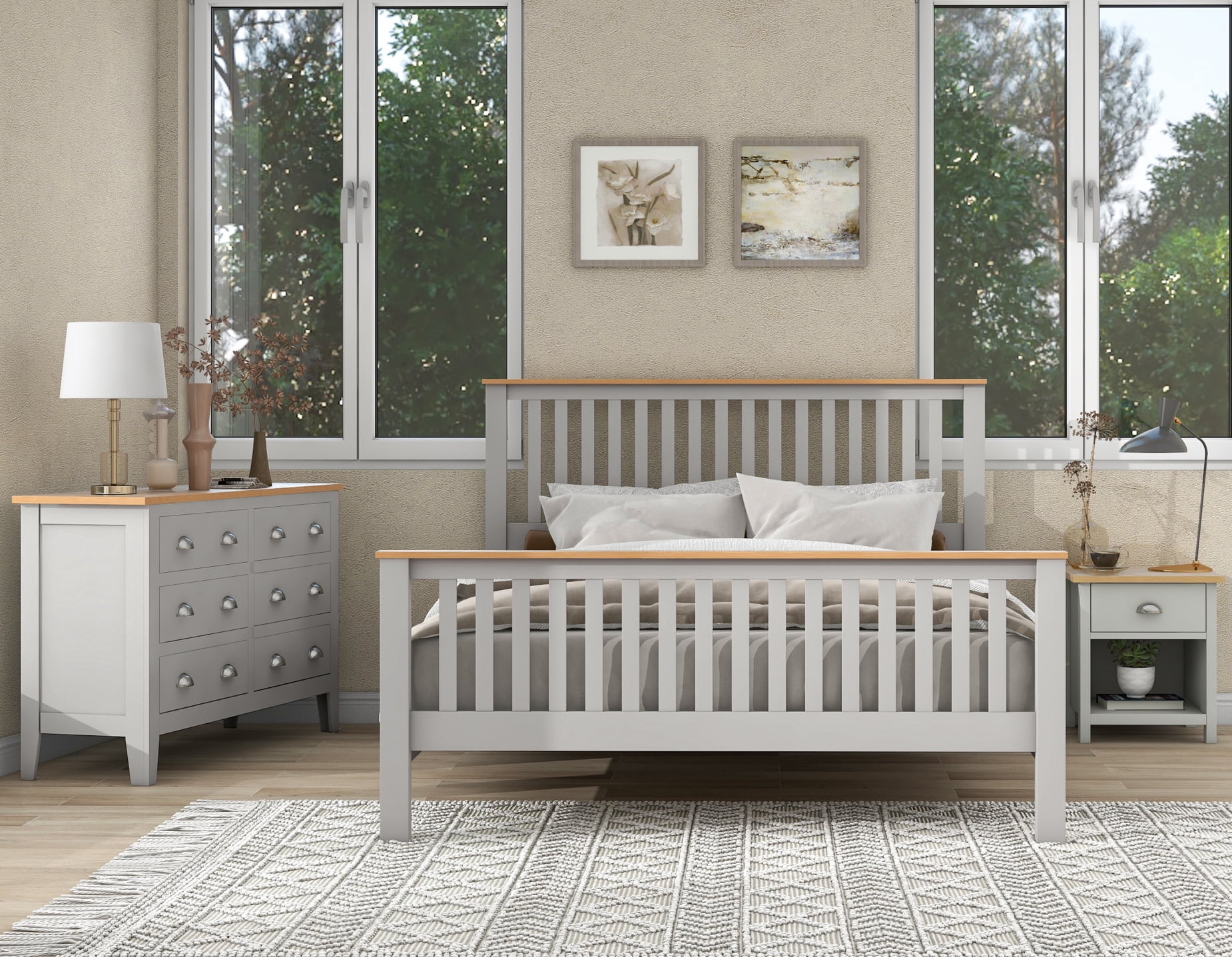 3 Pieces Country Gray with Oak Top Bedroom Sets, King Bed, Nightstand ...