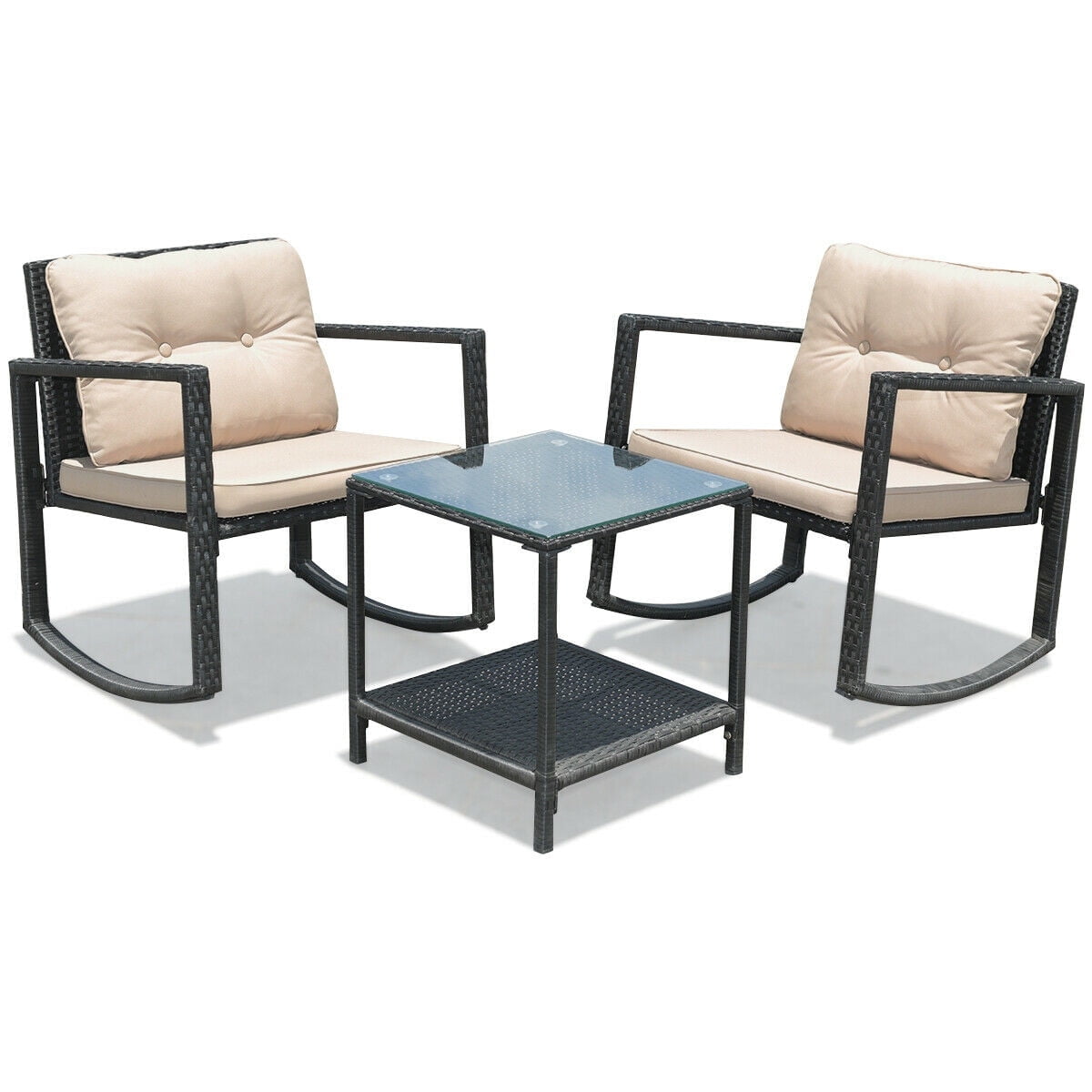 3 Pieces Cushioned Patio Rattan Set with Rocking Chair and Table ...