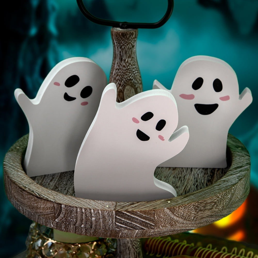 3-Piece Halloween Ghost Tabletop Decorations, Rustic Wooden Signs for ...