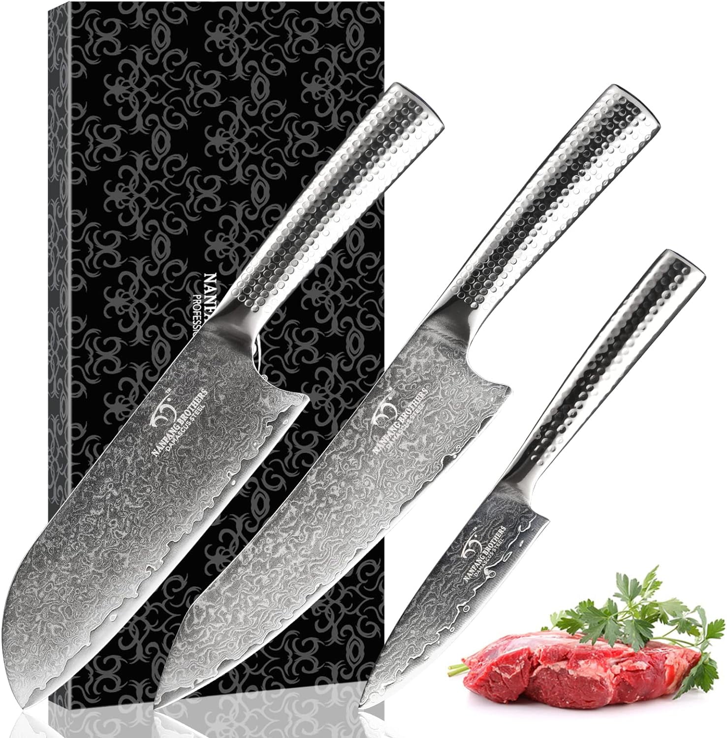 3 Pieces Damascus Kitchen Knife Set with 8” Chef Knife, 7” Santoku ...