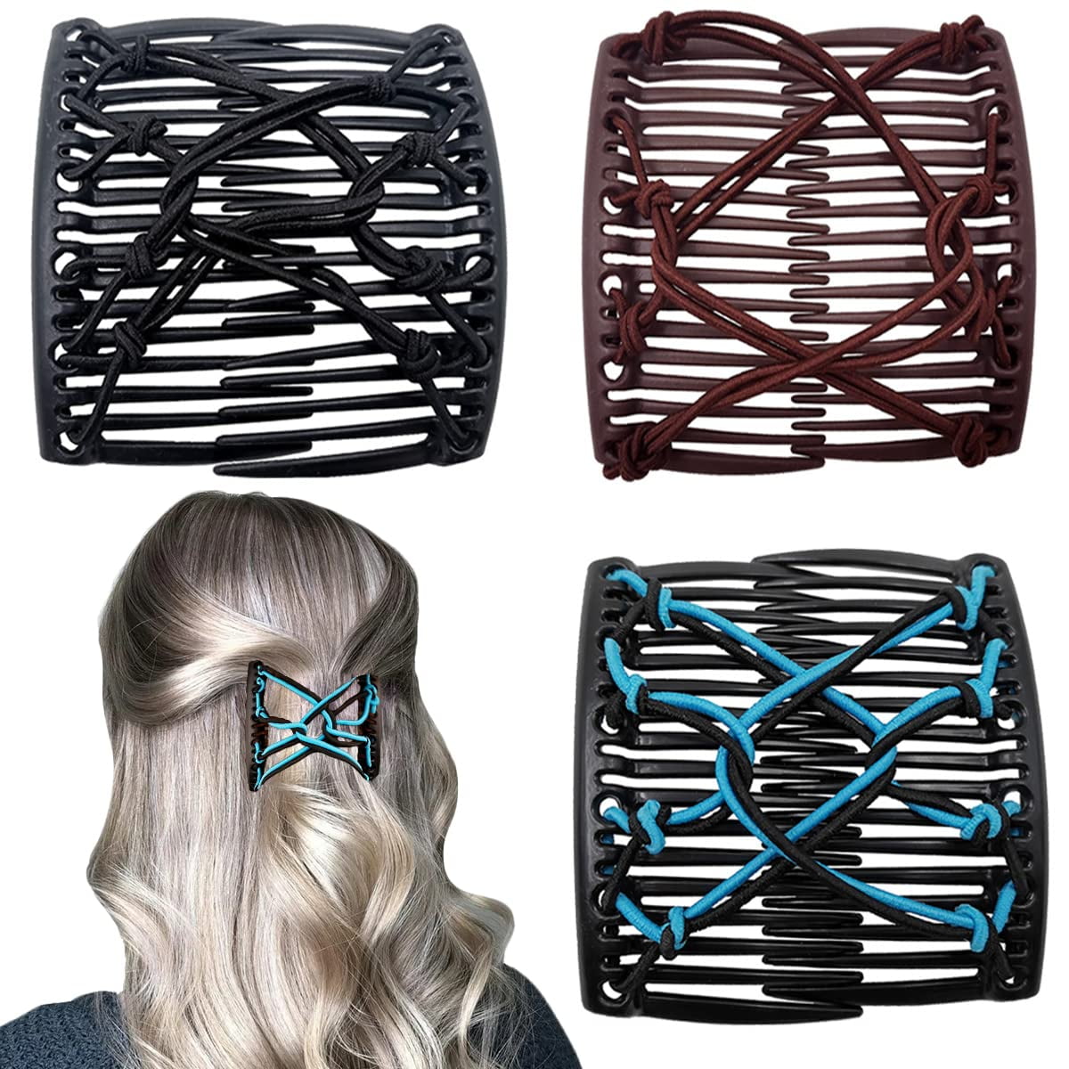 3 Pieces Elastic Magic Hair Comb Clips Stretchy Double Comb Hair Forks ...