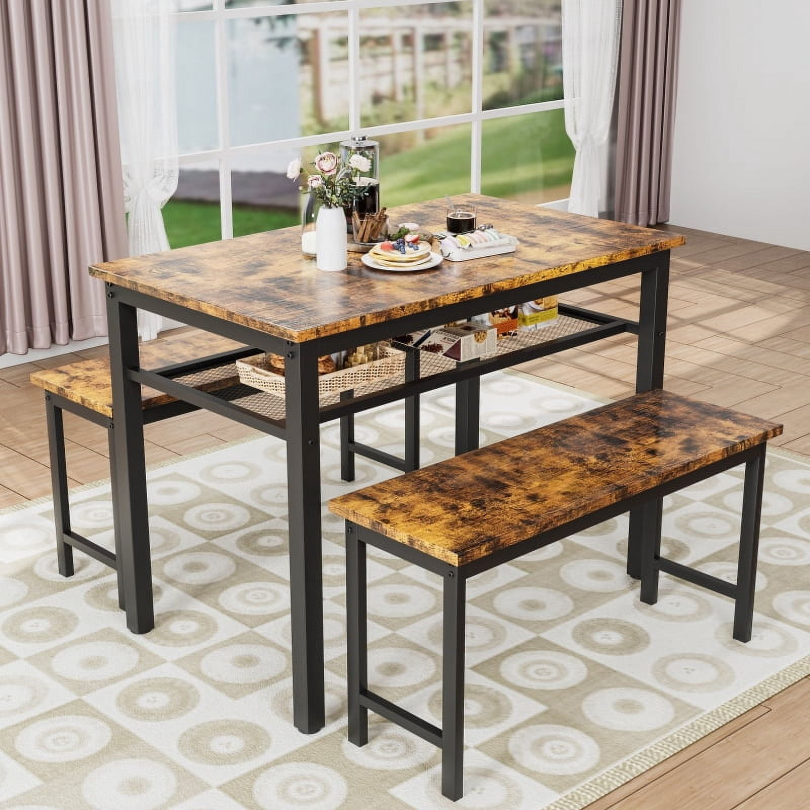 3 Pieces Farmhouse Kitchen Table Set with Two Benches, Metal Frame and ...