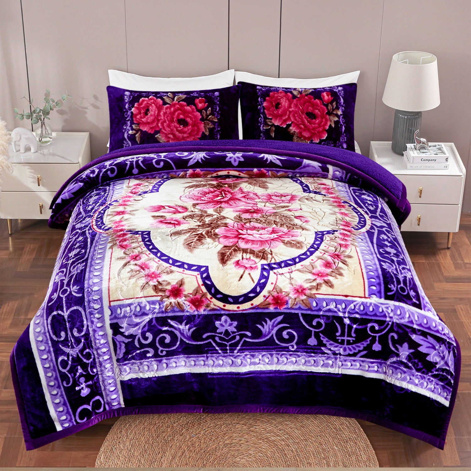 3 Pieces Flannel Fleece Sherpa Bed Blanket King Size ,3-Ply Thick Warm ...