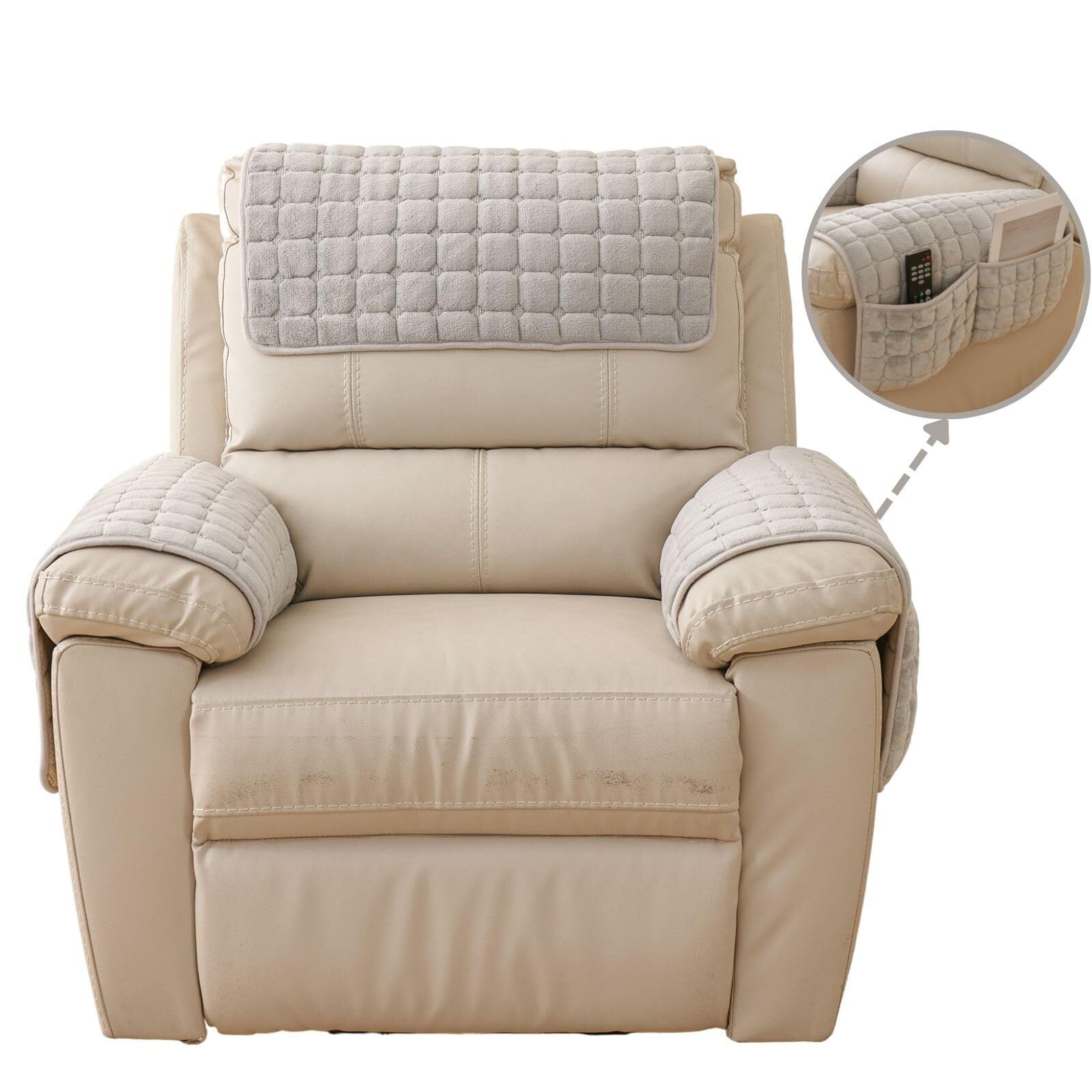 3 Pieces Flannel Plush Sofa Armrest Cover Headrest Cover for Recliners ...