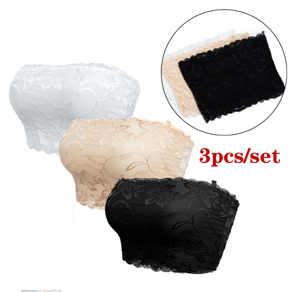 3 Pieces Floral Lace Tube Top Bra Seamless Non-Padded Bandeau Bralette ...