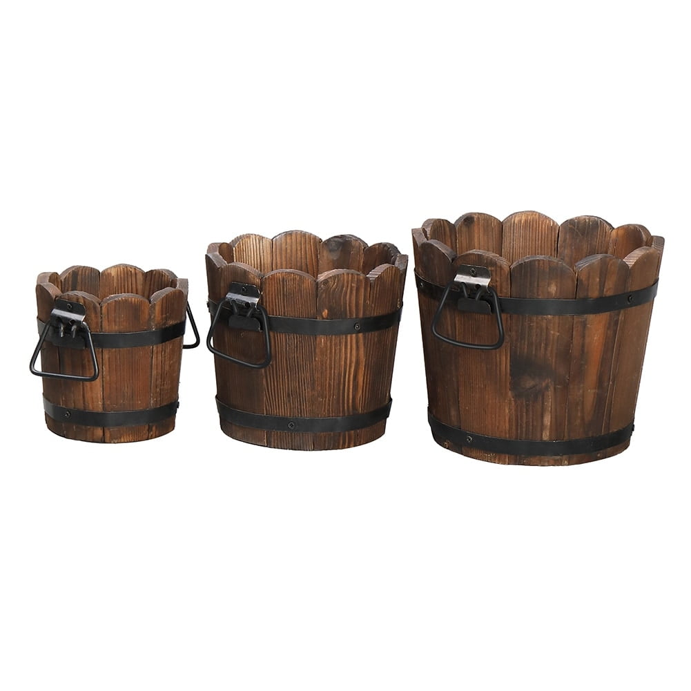 3 Pieces Flower-Shaped Wooden Outdoor Planting Pot,Carbonized Color ...