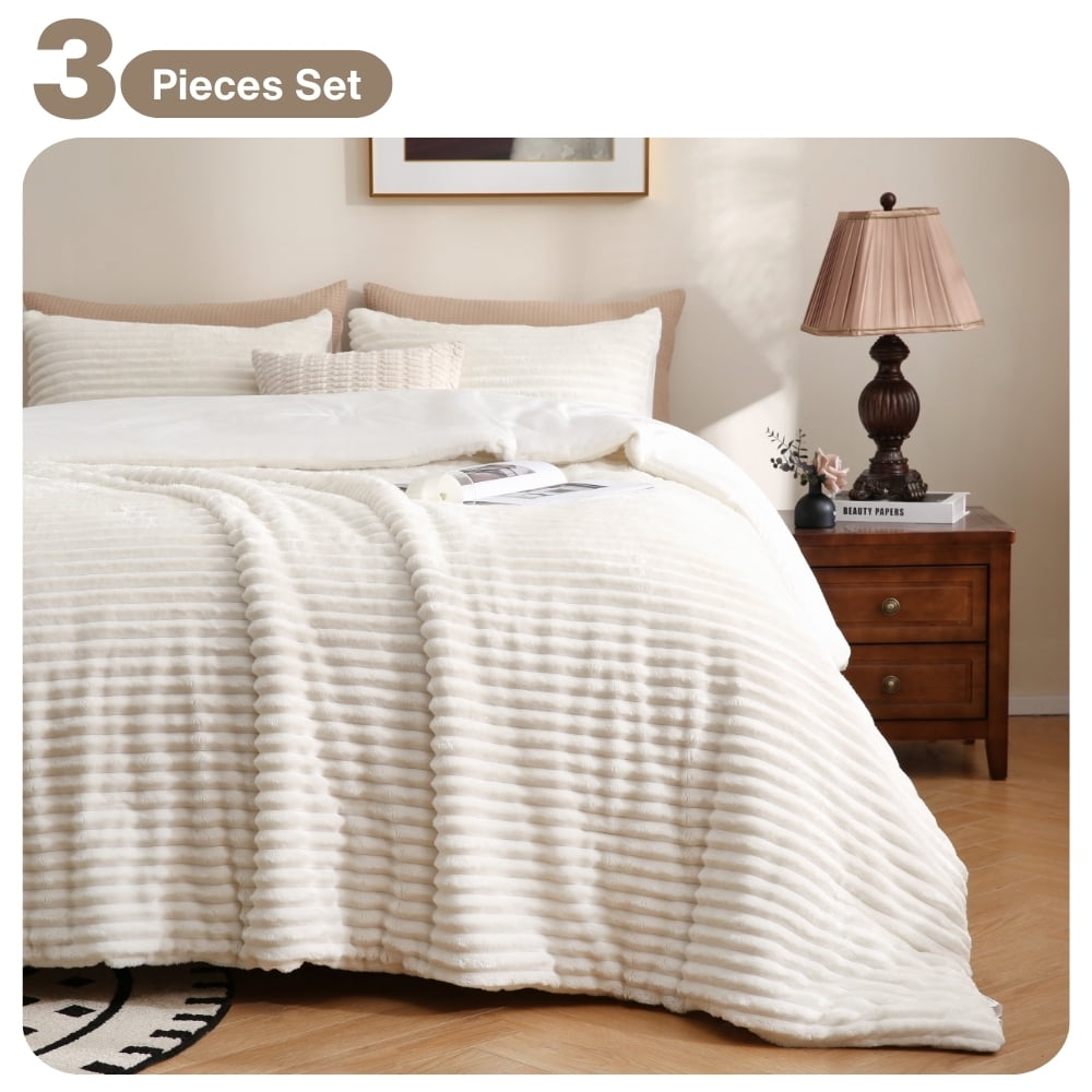 3 Pieces Fluffy Comforter Set - Super Soft Faux Fur Comforter, Winter ...