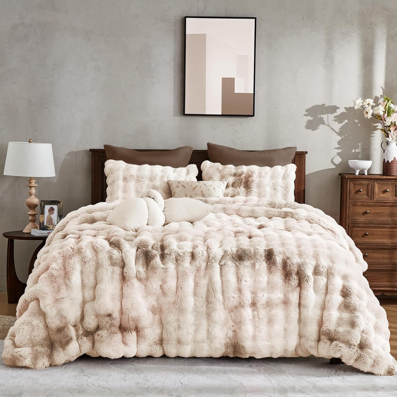 3 Pieces Fluffy Faux Rabbit Fur Comforter Set King Size, Dark Green ...