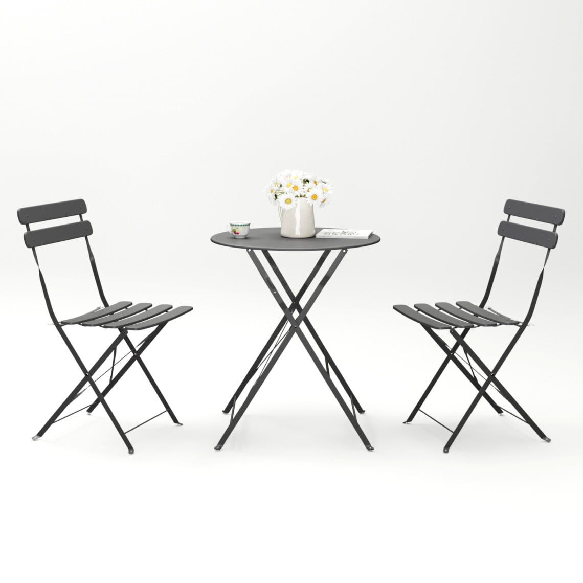 3 Pieces Foldable Metal Table Set, Small Round Table and 2 Chair ...