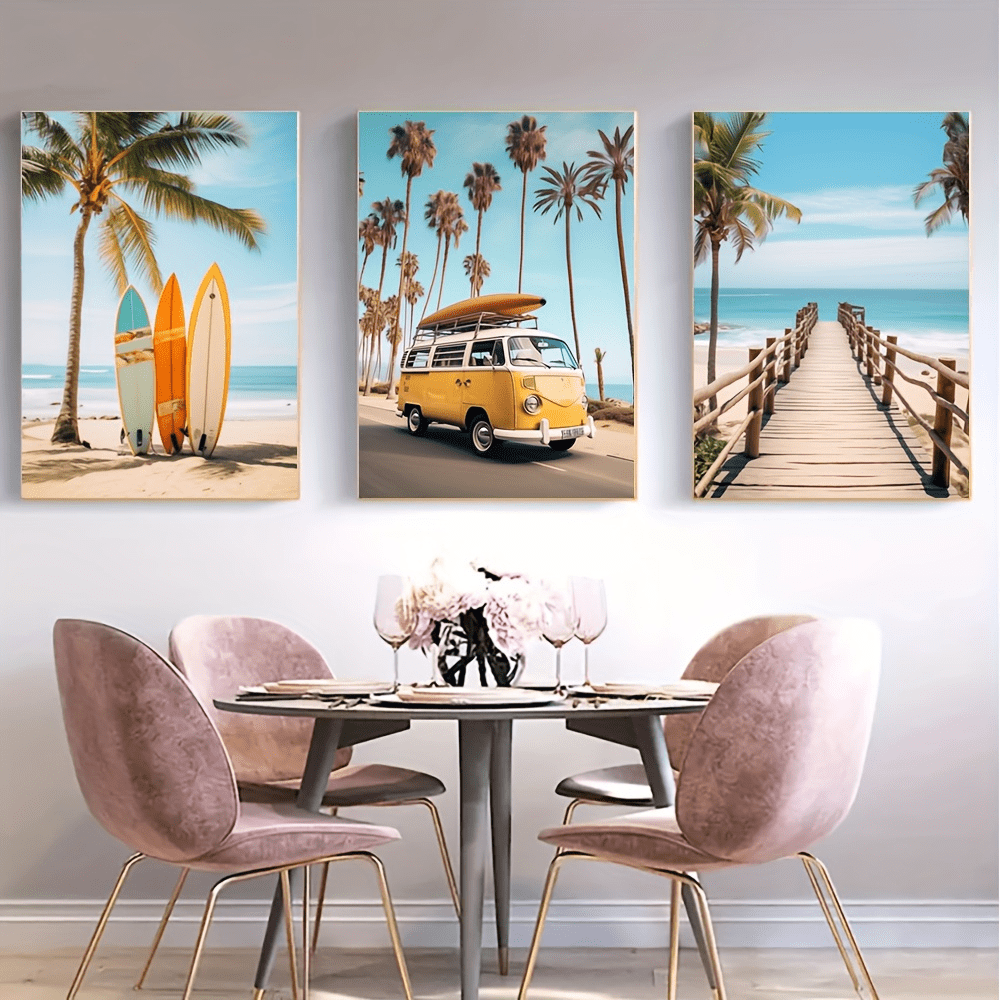 3 Pieces Framed Beach Surfing Wall Art Canvas Prints - Summer Travel ...