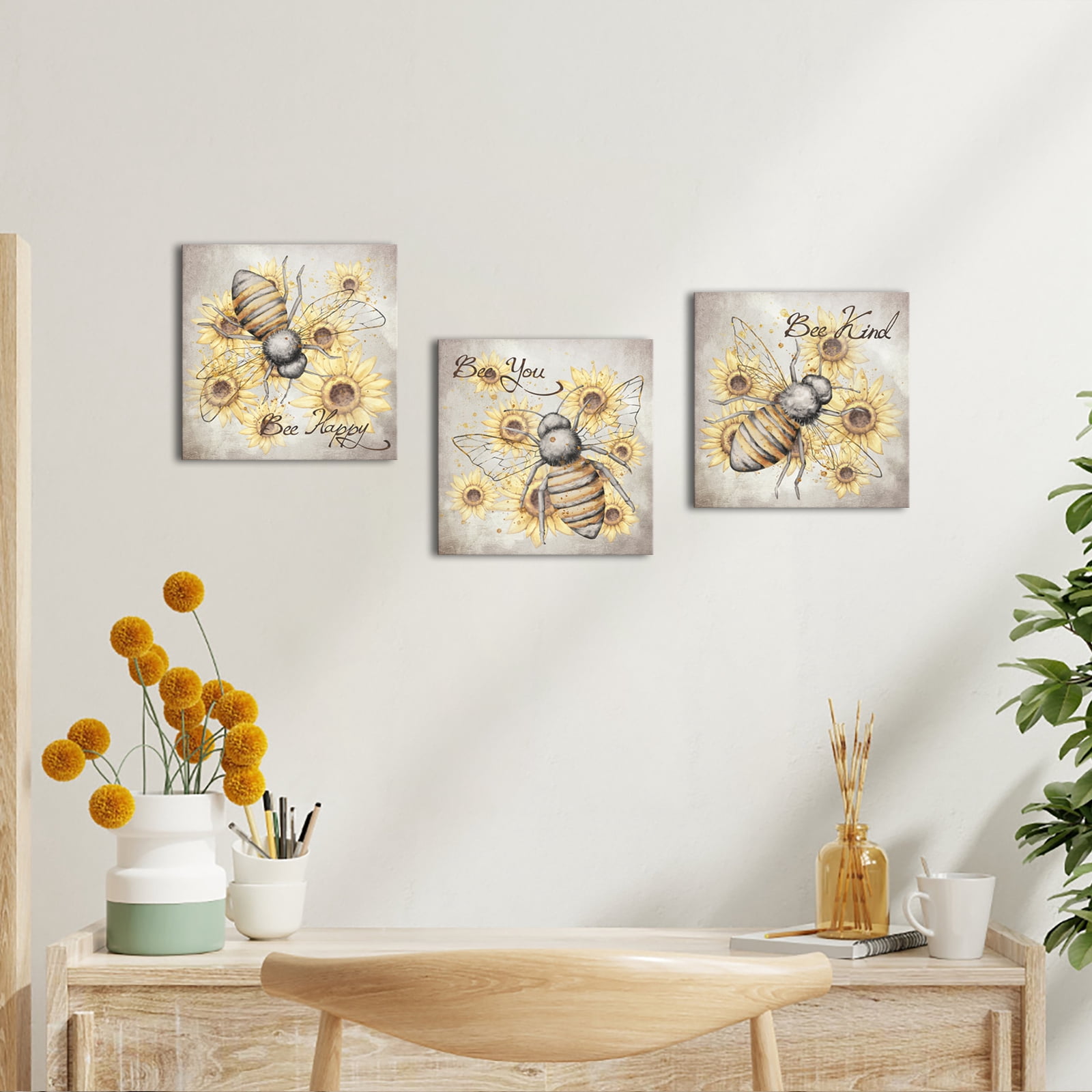 3 Pieces Framed Canvas Wall Art Vintage Sunflower Bee Animal Insect ...