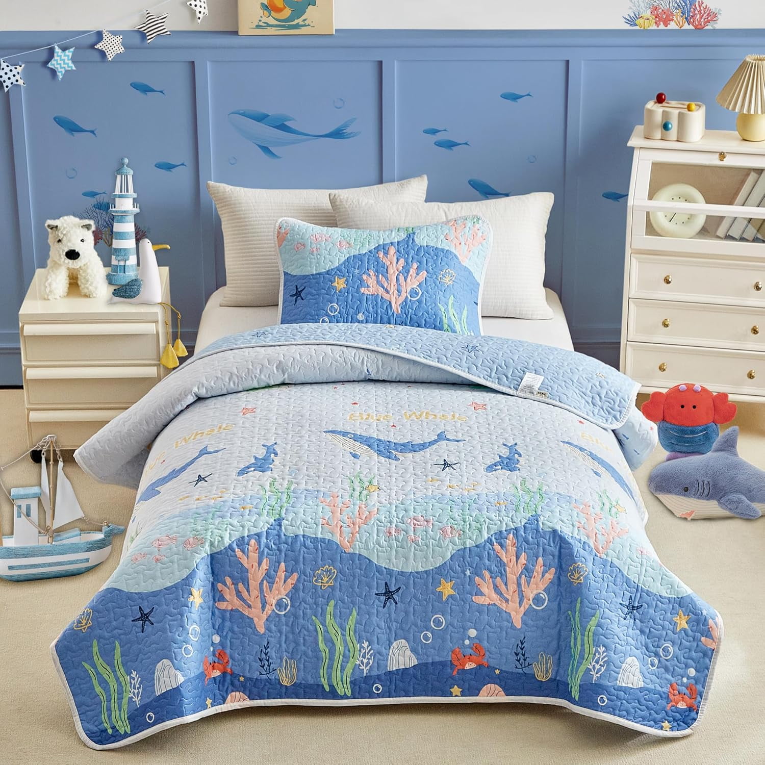 3 Pieces Full/Queen Size Cotton Quilt Set, Ocean Theme Whales Blue ...