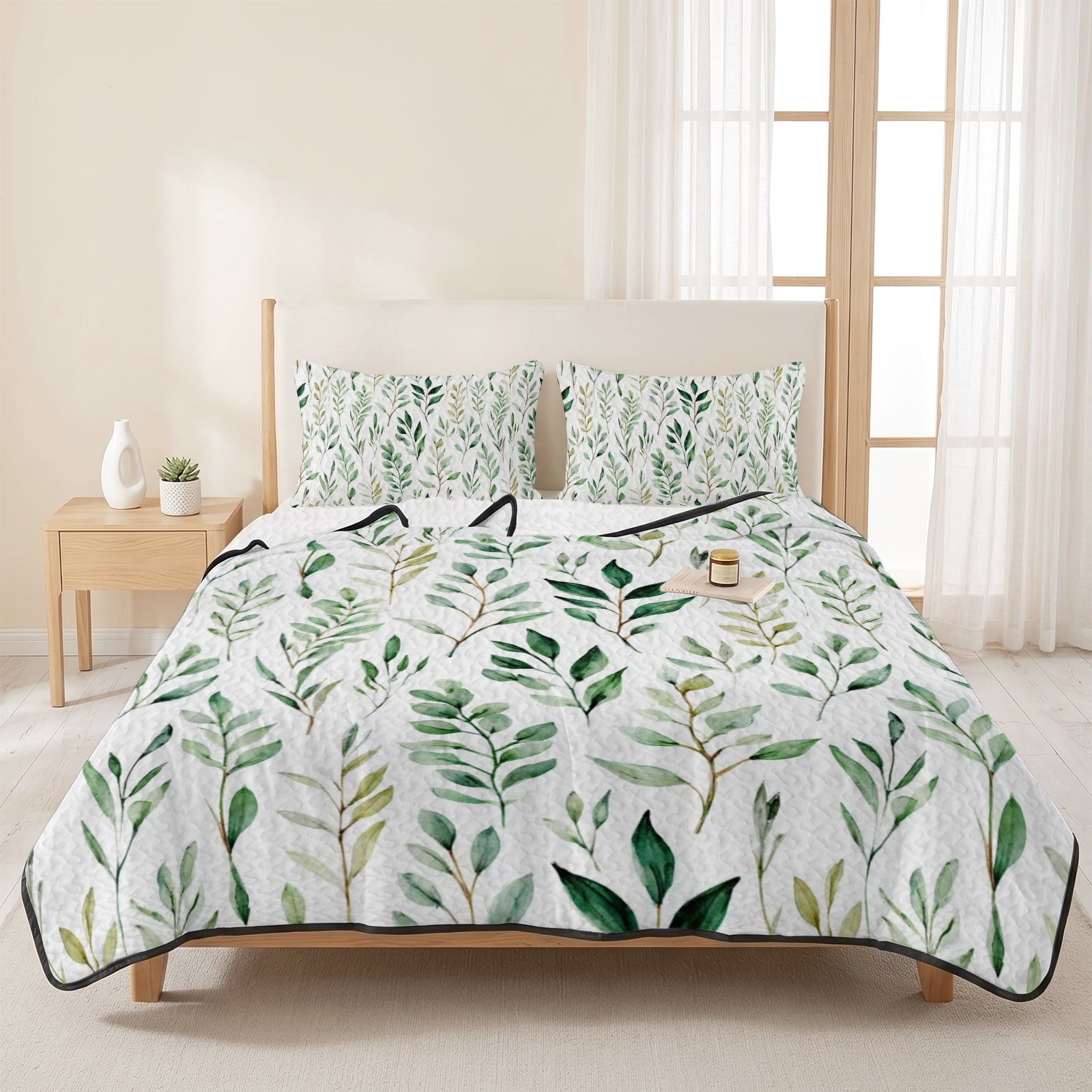 3 Pieces Full Quilt Set,Green Botanical Leaves on White Soft Bedding ...