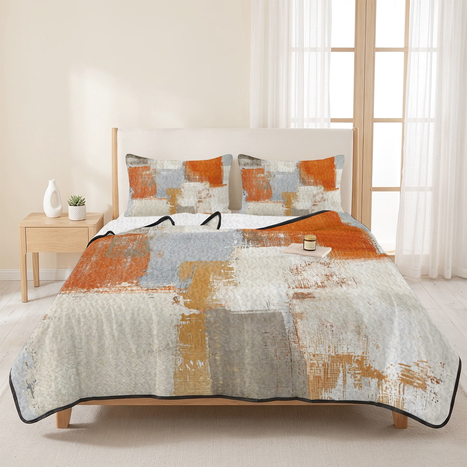 3 Pieces Full Quilt Set,Orange Gradient Oil Painting Art Soft Bedding ...